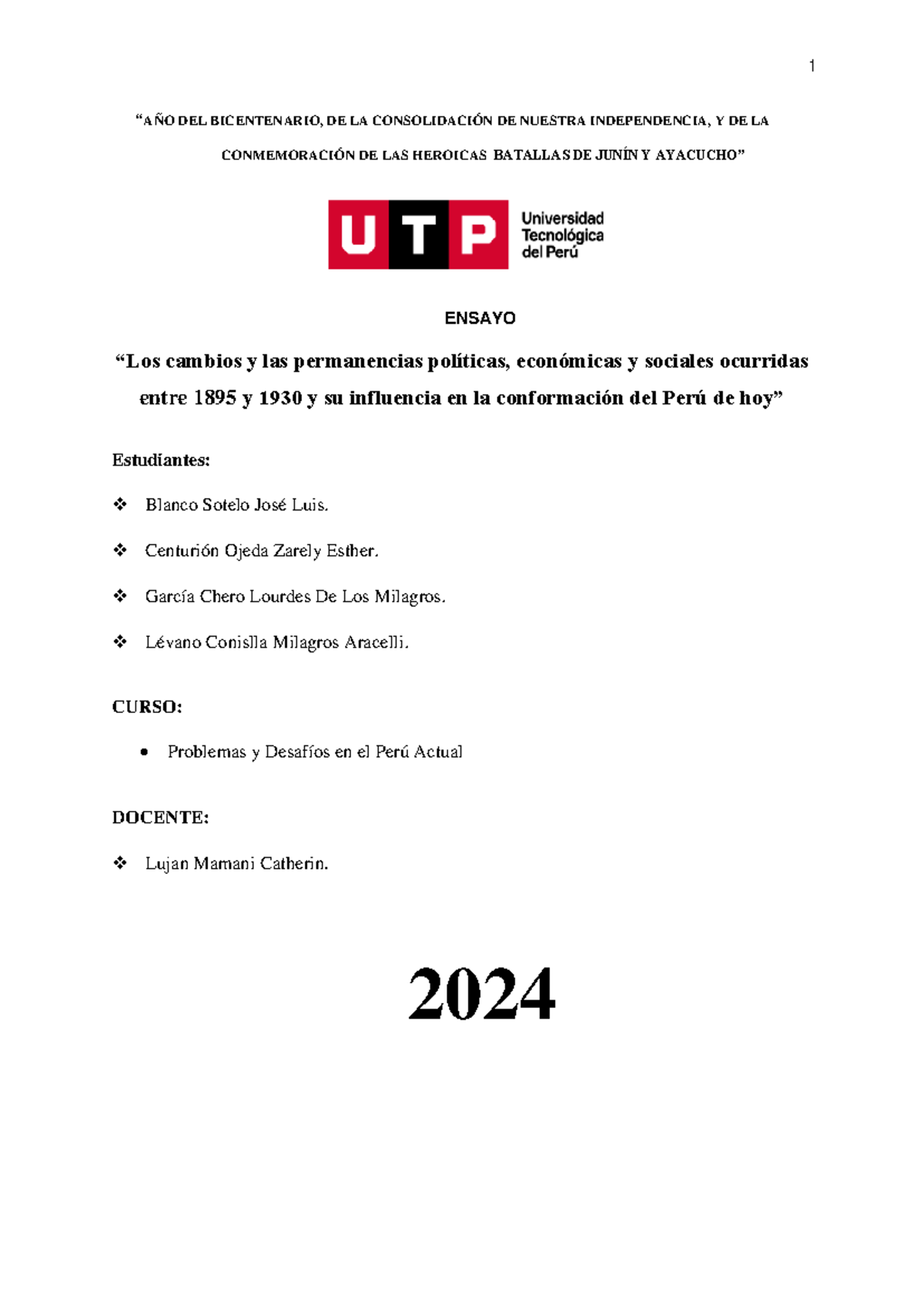 Ensayo - Los cambios y las permanencias políticas, económicas y sociales ocurridas entre 1895 y ...