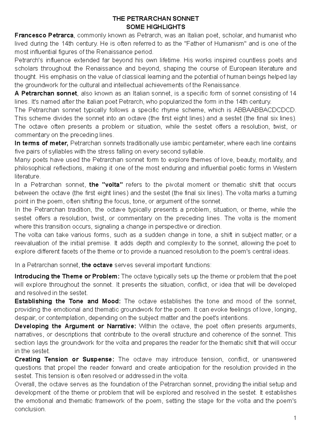 THE Petrarchan Sonnet - THE PETRARCHAN SONNET SOME HIGHLIGHTS Francesco ...