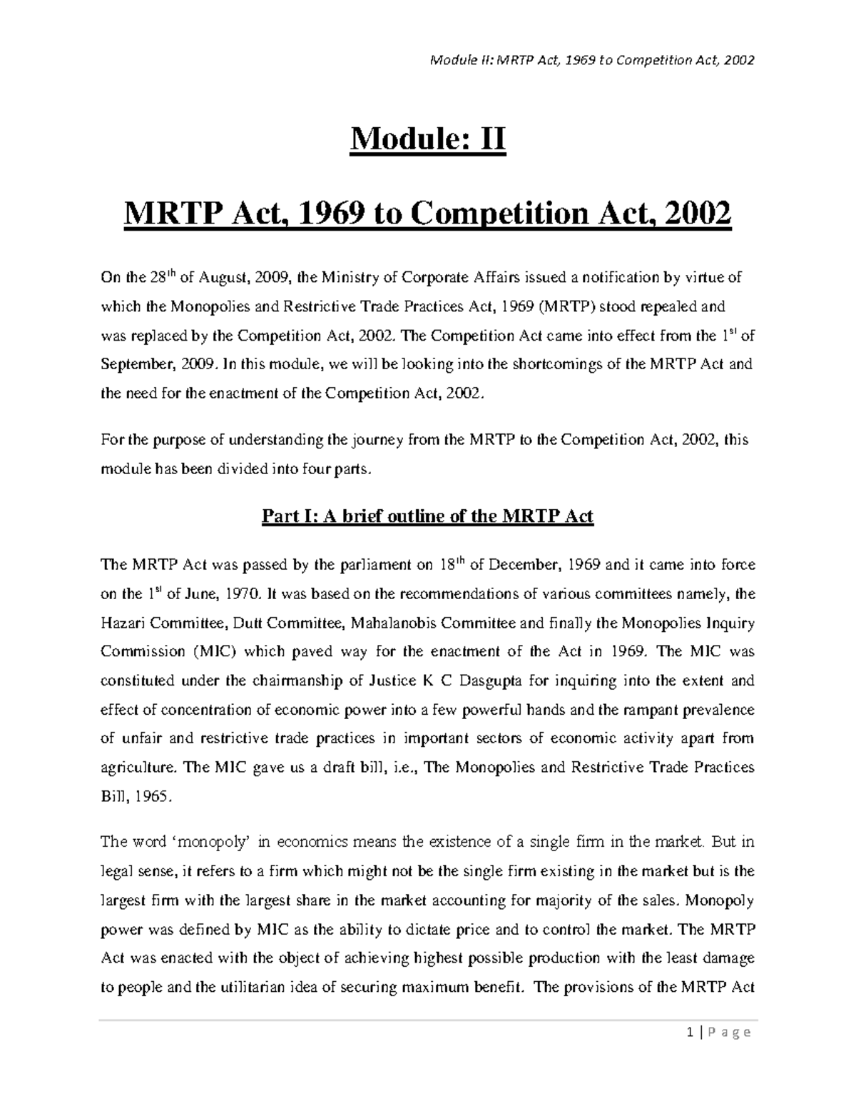 Module II MRTP Act 1969 to Competition Act 2002 - Module: II MRTP Act ...