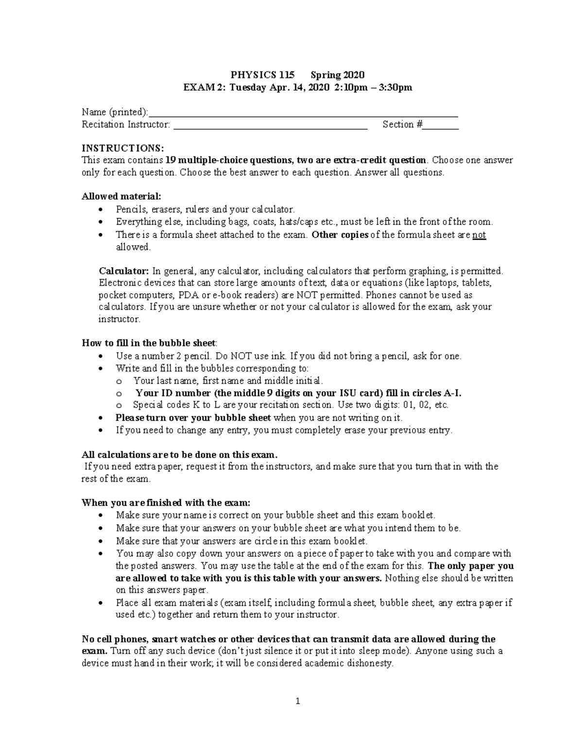 Physics 115 Spring 2020 Exam 2 - Studocu