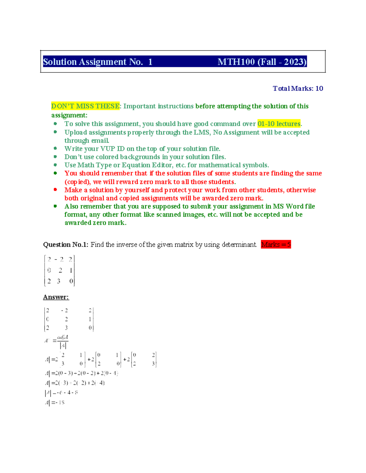 Dr. Sarwar Section Solution - Solution Assignment No. 1 MTH100 (Fall - 2023) Total Marks: 10 DON ...