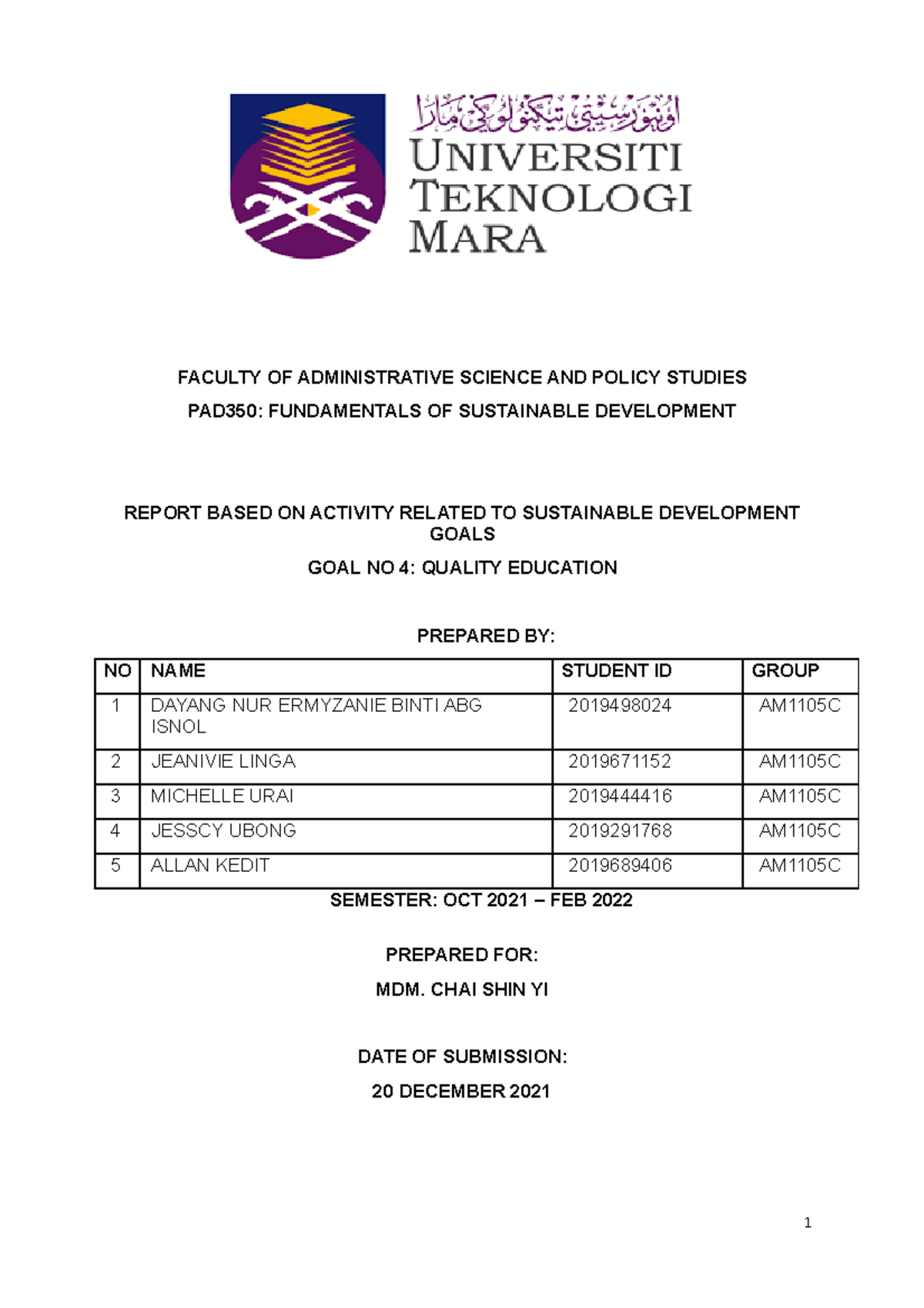 PAD350 SDG 4 - Quality Education - FACULTY OF ADMINISTRATIVE SCIENCE ...