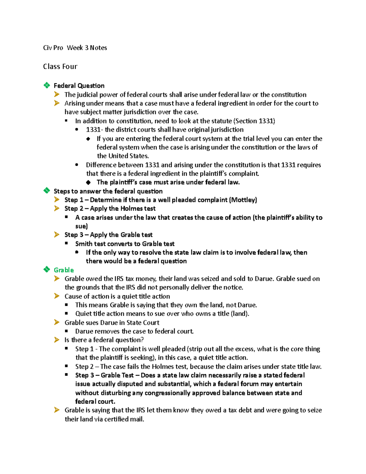 Civ Pro Week 3 Notes - Civ Pro Week 3 Notes Class Four Federal Question ...