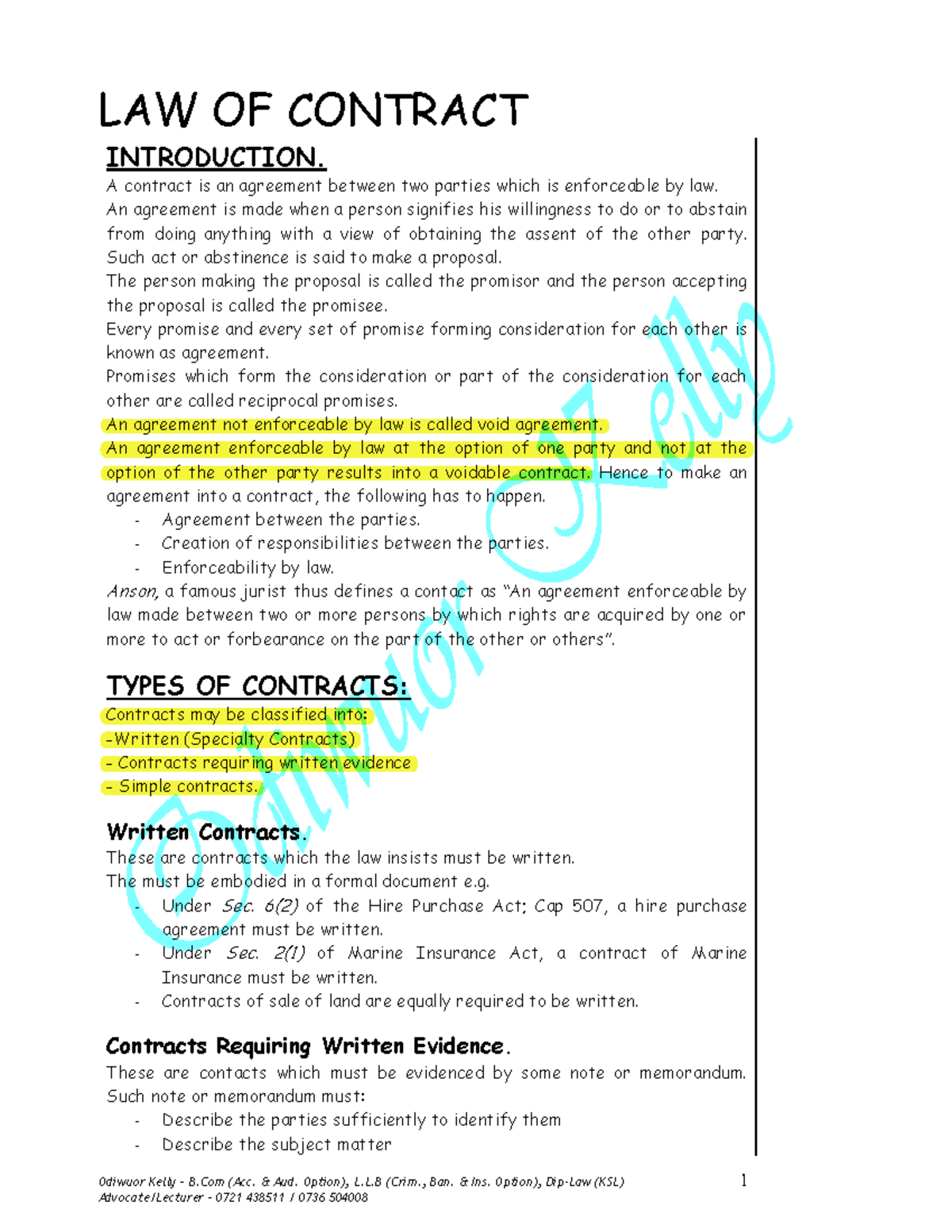 LAW OF Contract - notes - Odiwuor Kelly – B (Acc. & Aud. Option), L.L ...