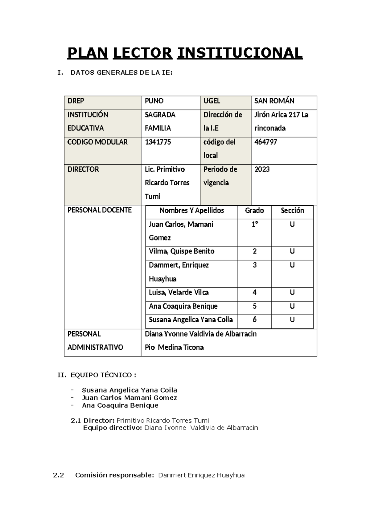 PLAN Lector Institucional 2025 - 6TO Grado - PLAN LECTOR INSTITUCIONAL I. DATOS GENERALES DE LA ...