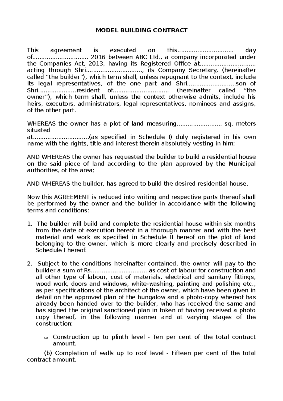 THIS Model House Building Agreement - MODEL BUILDING CONTRACT This ...