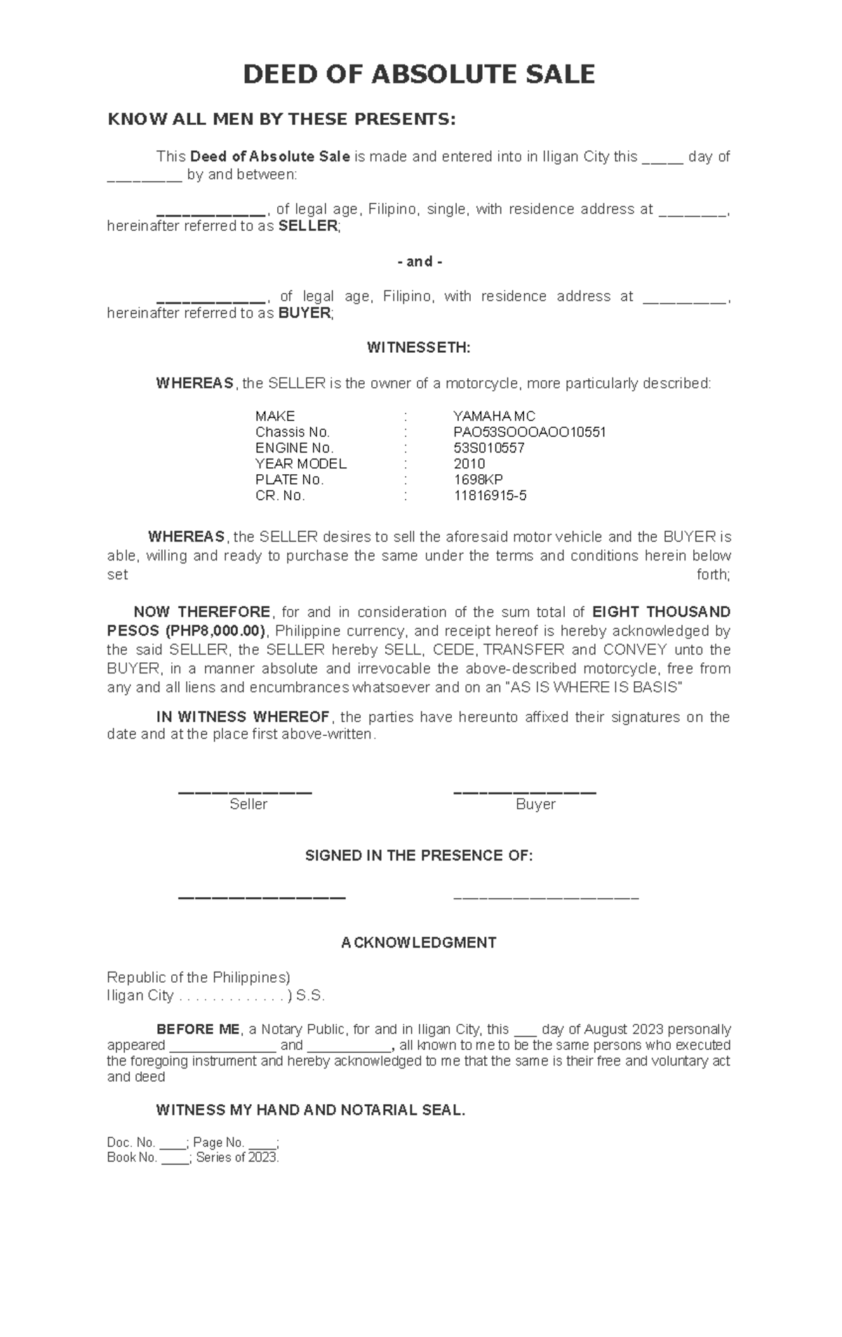 DEED OF SALE (MC) - conveyance of movable property - DEED OF ABSOLUTE SALE KNOW ALL MEN BY THESE ...