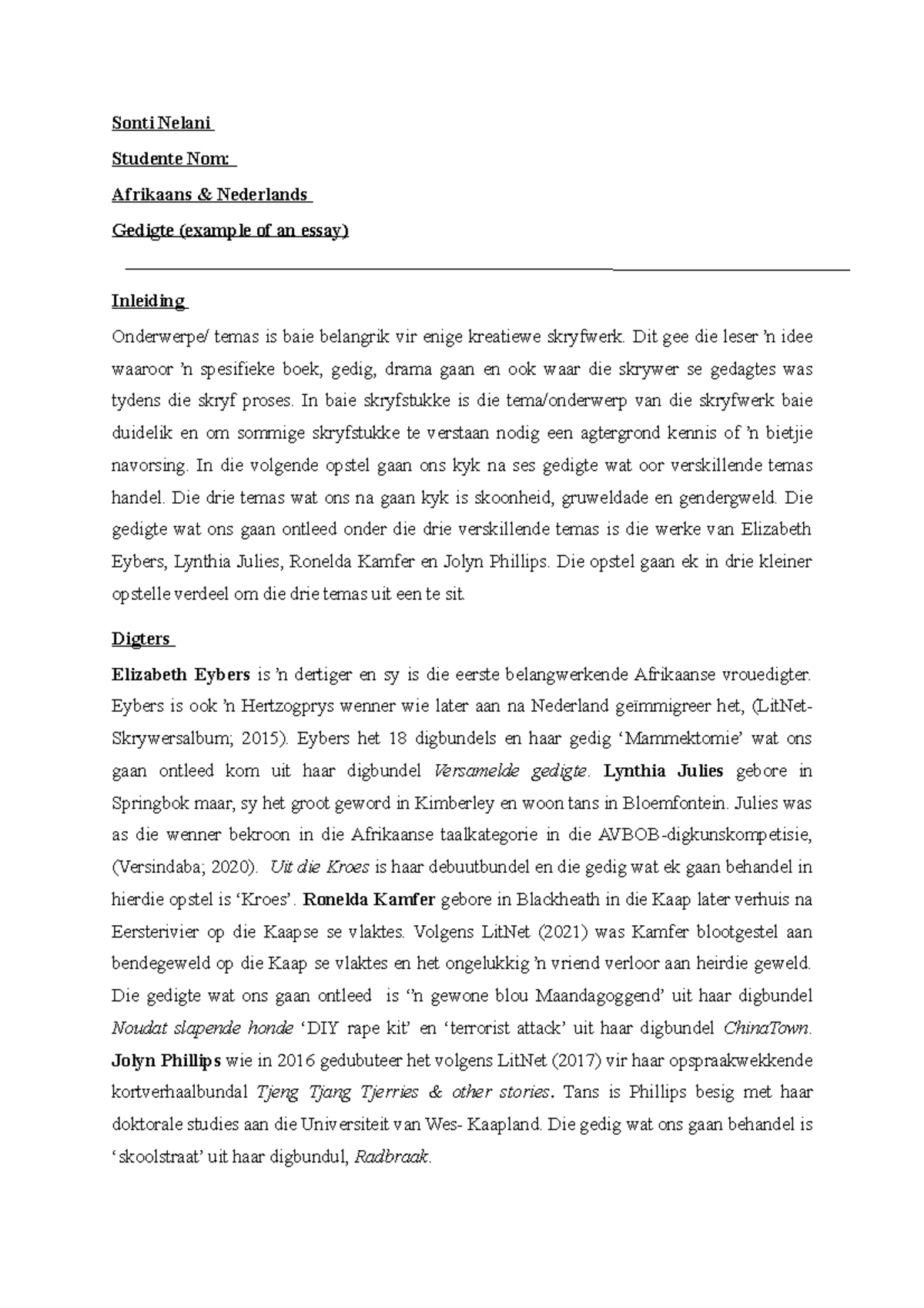 Afrikaans Gedigte 1 - Sonti Nelani Studente Nom: Afrikaans & Nederlands ...