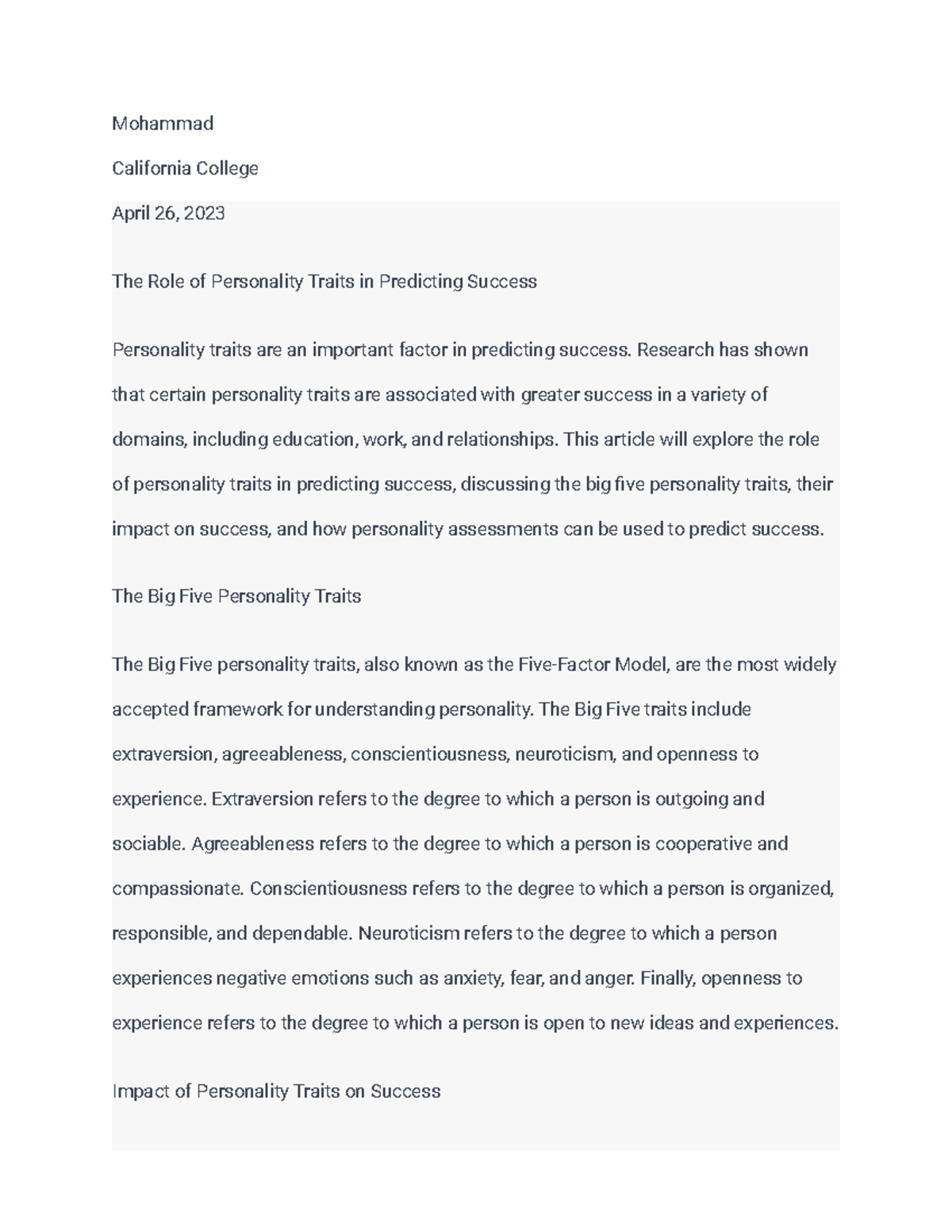 The Role of Personality Traits in Predicting Success - Mohammad ...