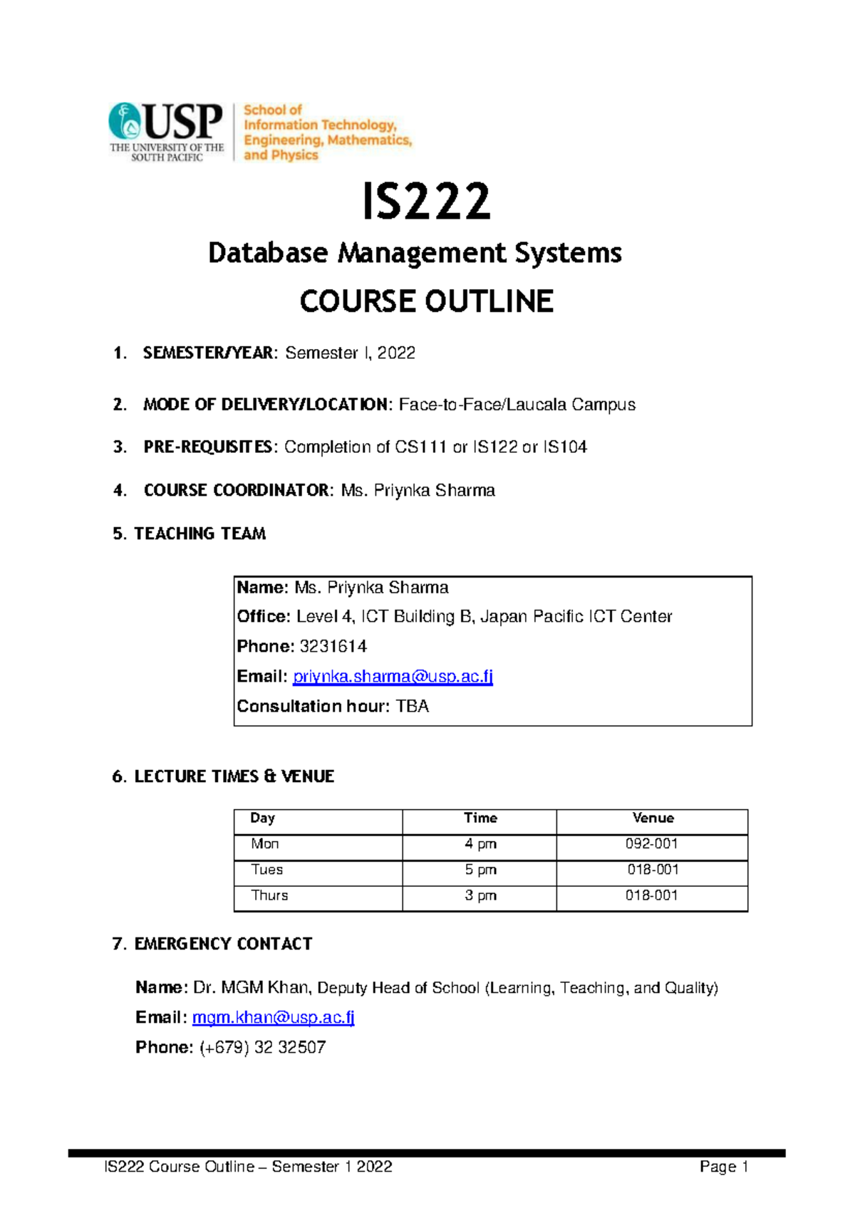 IS222 Database Management Systems – F2F Course Outline S12022 Draft - USP - Studocu