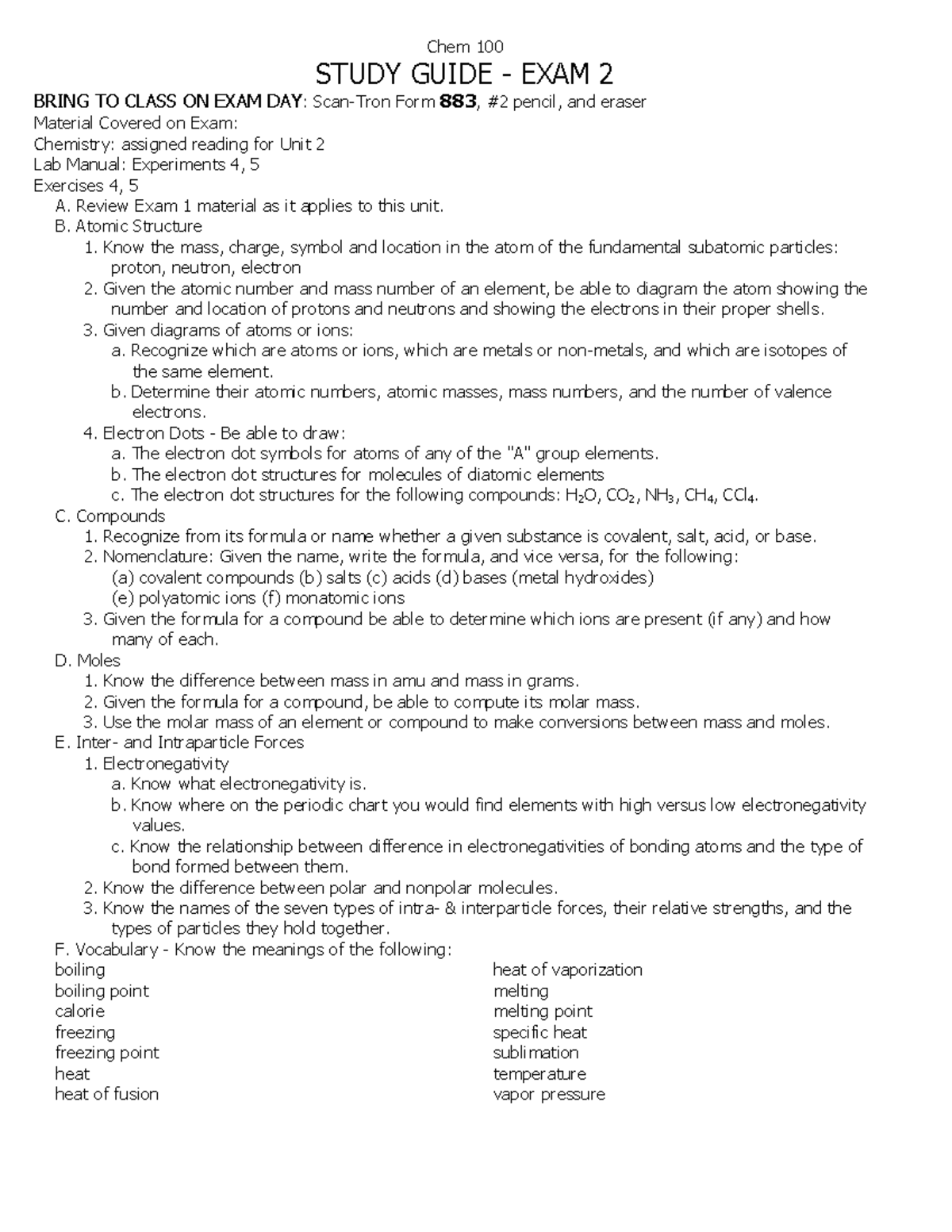 100Exam2studyguide S 11 - Chem 100 STUDY GUIDE - EXAM 2 BRING TO CLASS ON EXAM DAY: Scan-Tron ...