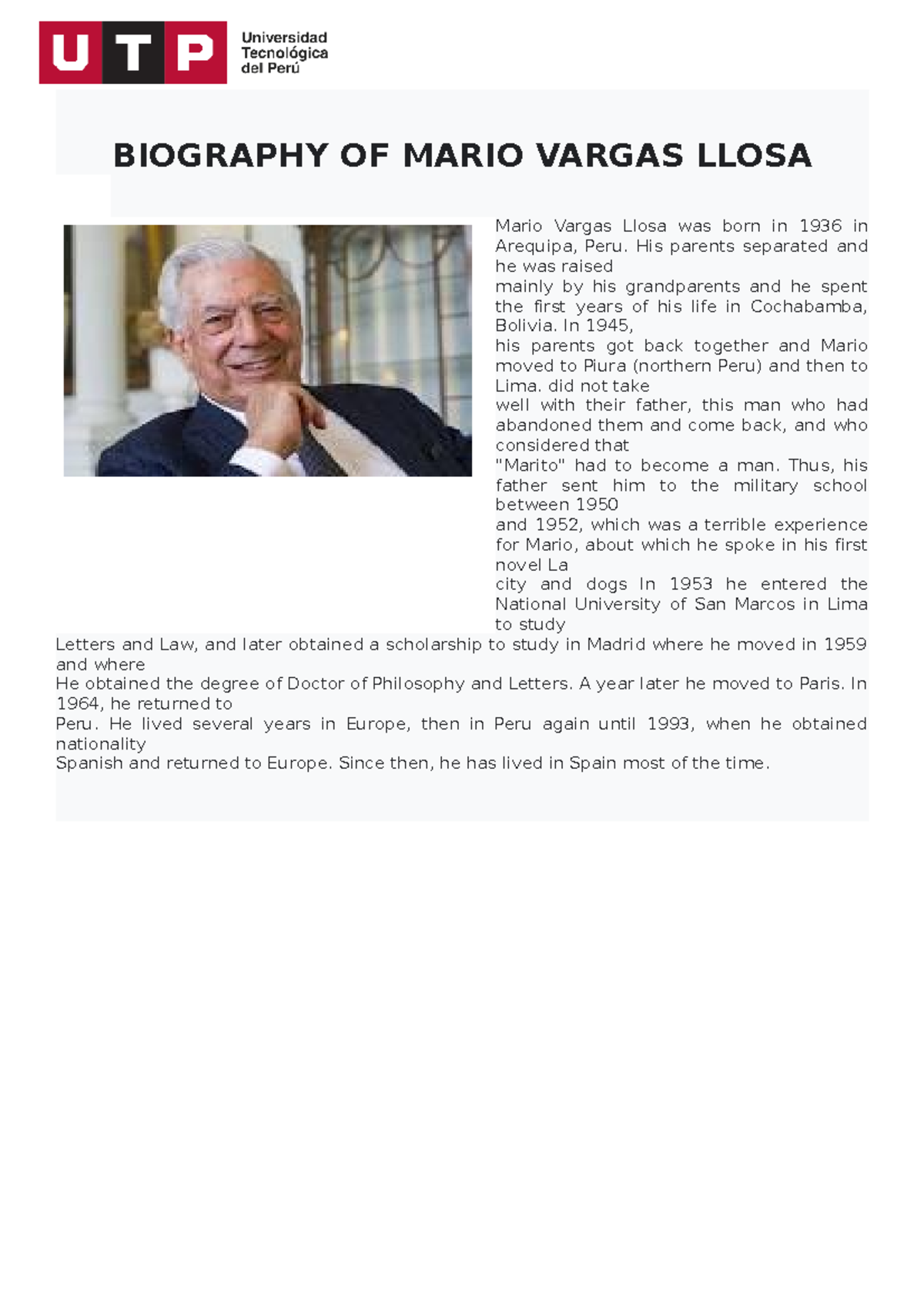 Inglés Camilamachacca - BIOGRAPHY OF MARIO VARGAS LLOSA Mario Vargas ...