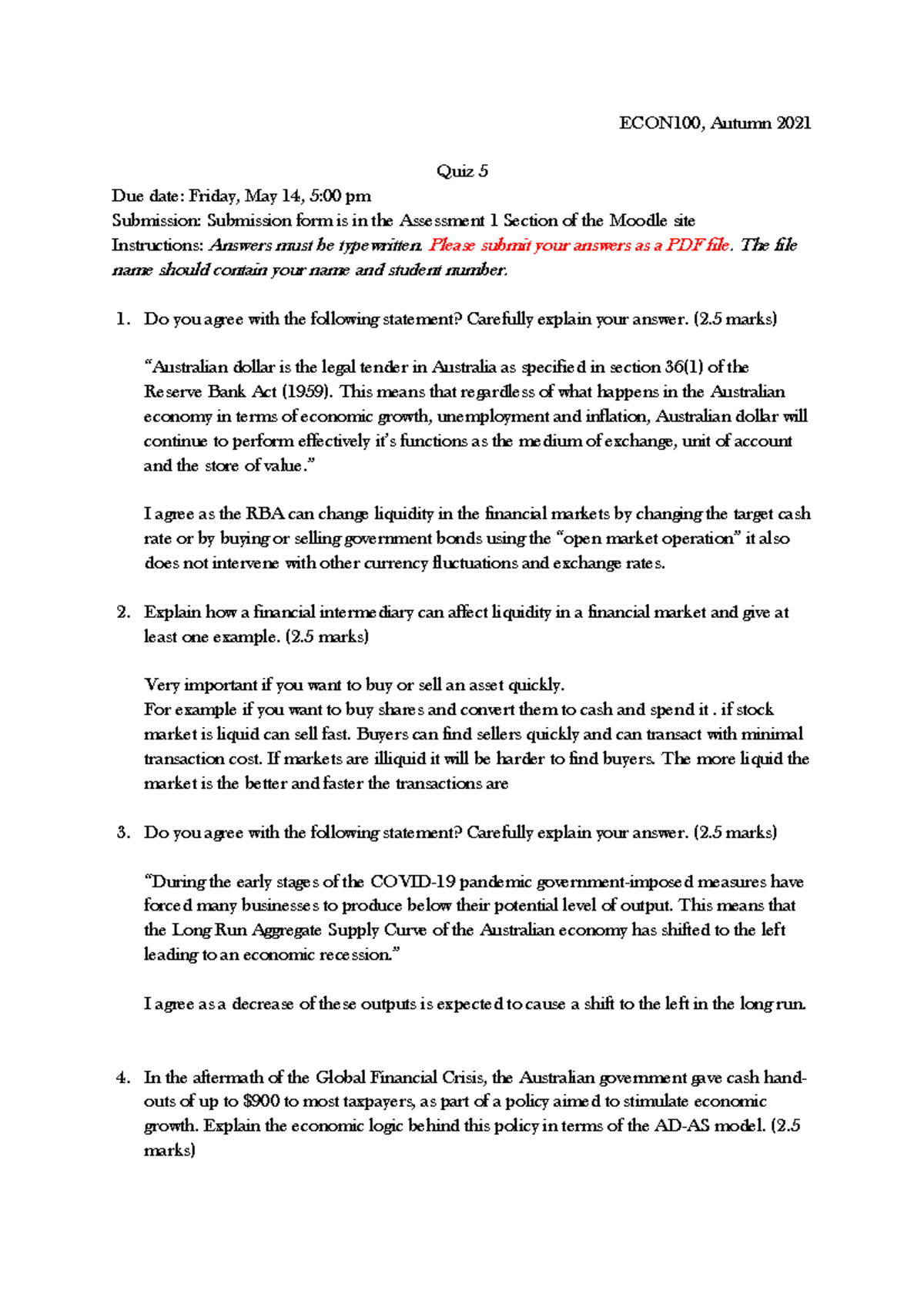 ECON100 quiz 1 2021 - ECON100, Autumn 2021 Quiz 5 Due date: Friday, May ...