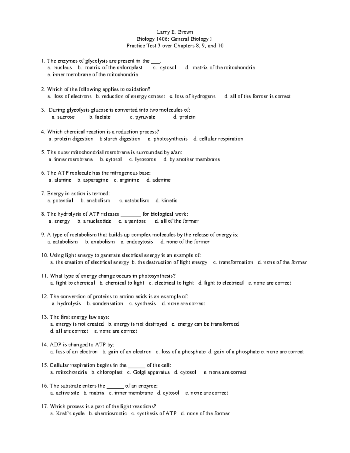 Document - quiz - Larry E. Brown Biology 1406: General Biology I ...
