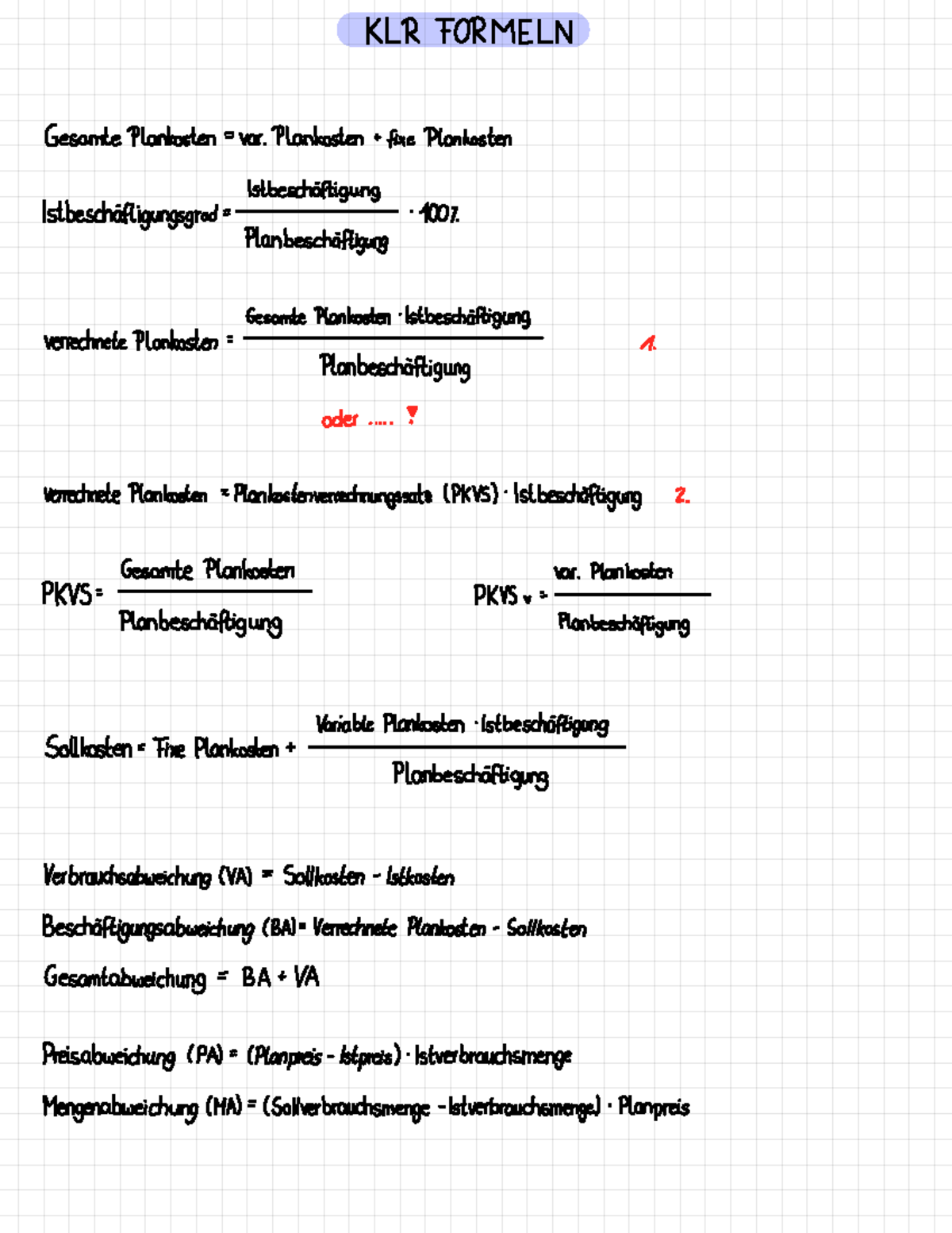 KLR Formeln - Sommersemester - Kosten und Leistungsrechnung - Soll Soll ...