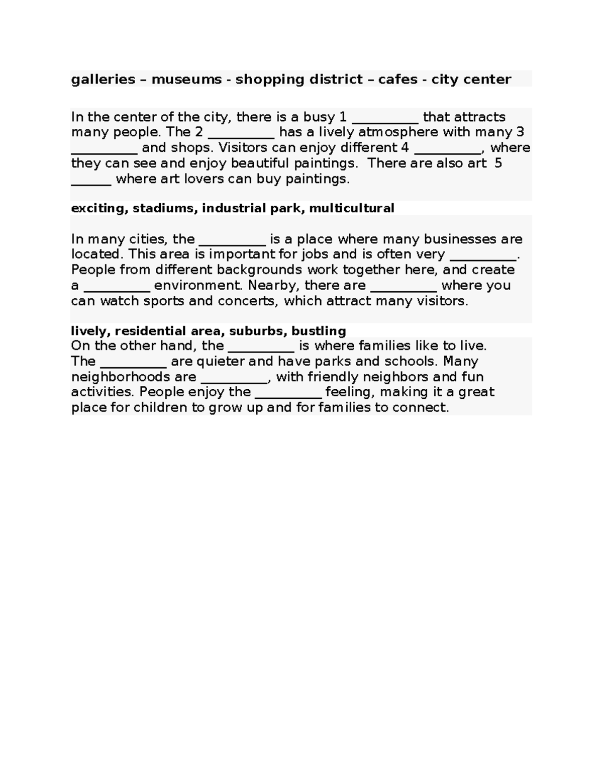 Handout UNIT 7B - bài tập anh - galleries – museums - shopping district ...