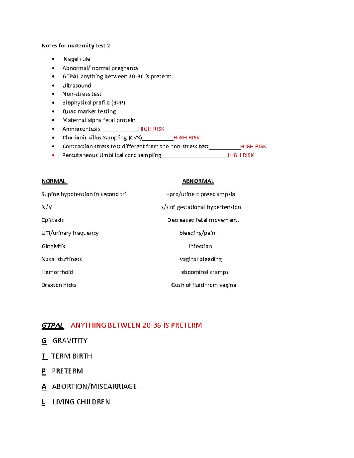 Maternity TEST 2 PART 1 Notes (1) 2 - Notes for maternity test 2 Nagel ...