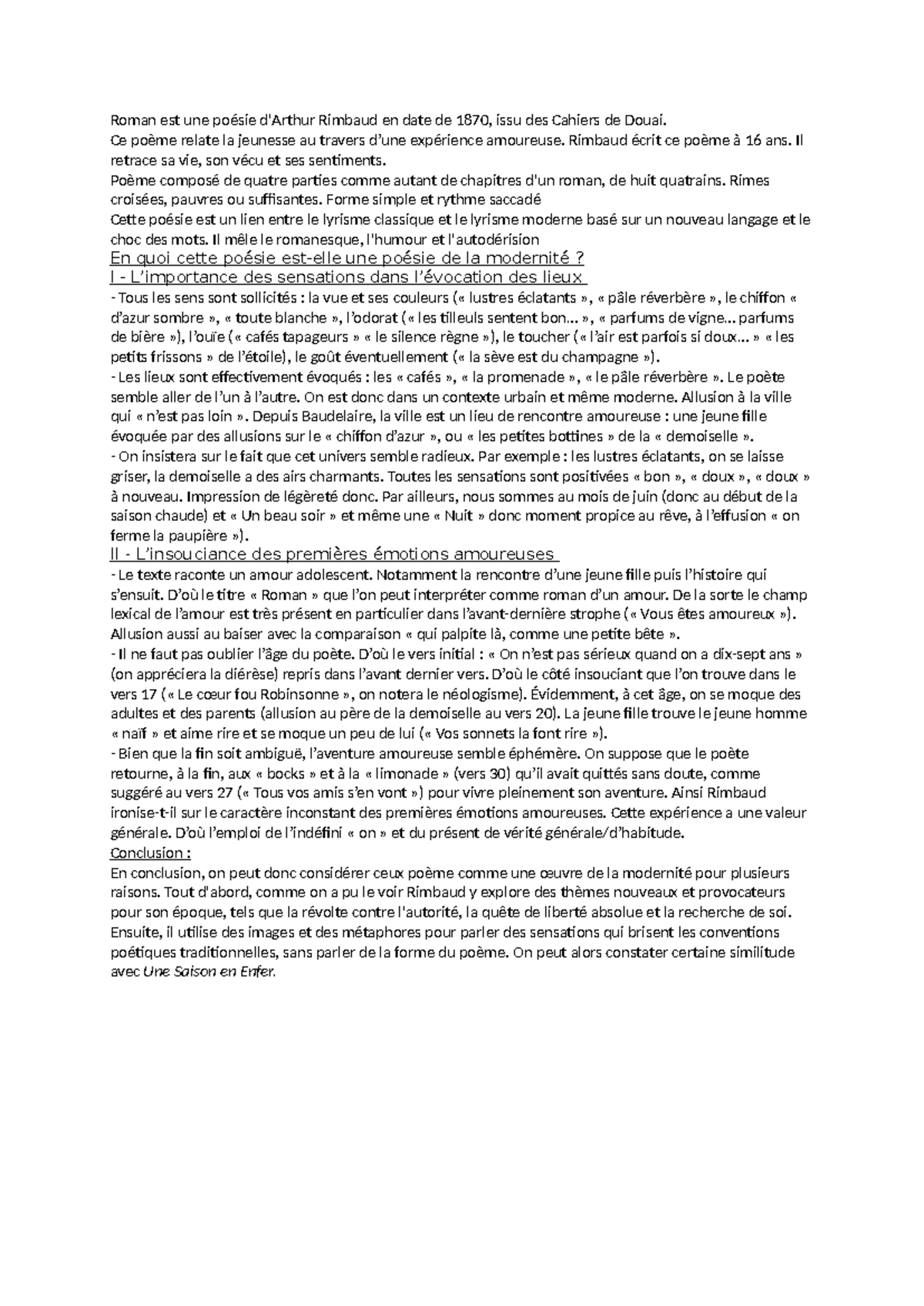 Oral bac texte 9 10 11 - Roman est une poésie d'Arthur Rimbaud en date ...
