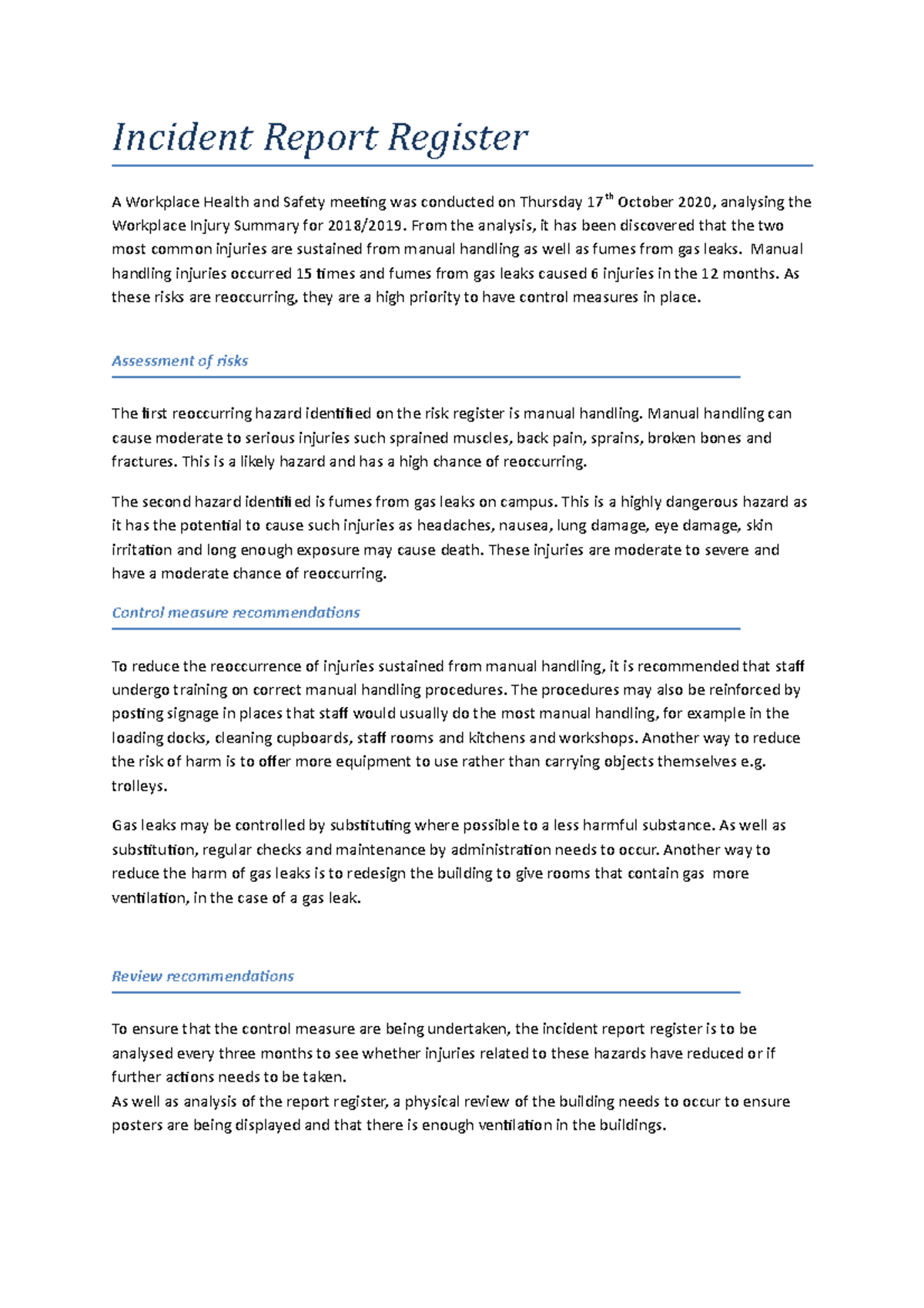 Incident report register - Incident Report Register A Workplace Health ...