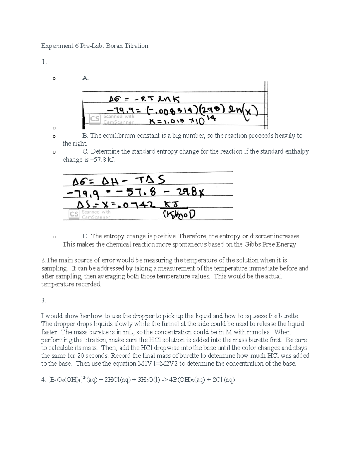 Experiment 6 Pre Lab - o o B. The equilibrium constant is a big number ...