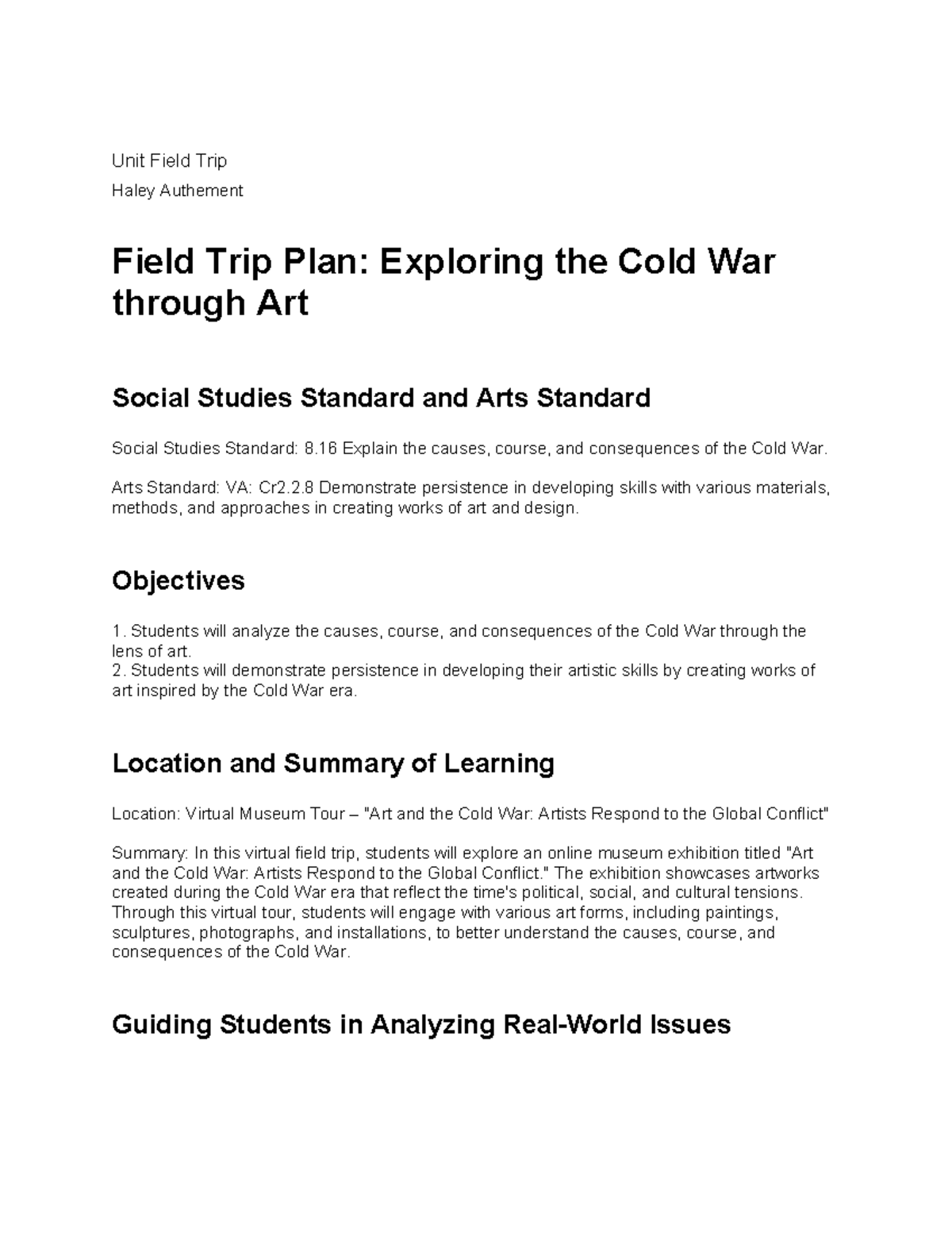351-Unit Field Trip - Unit Field Trip Haley Authement Field Trip Plan ...