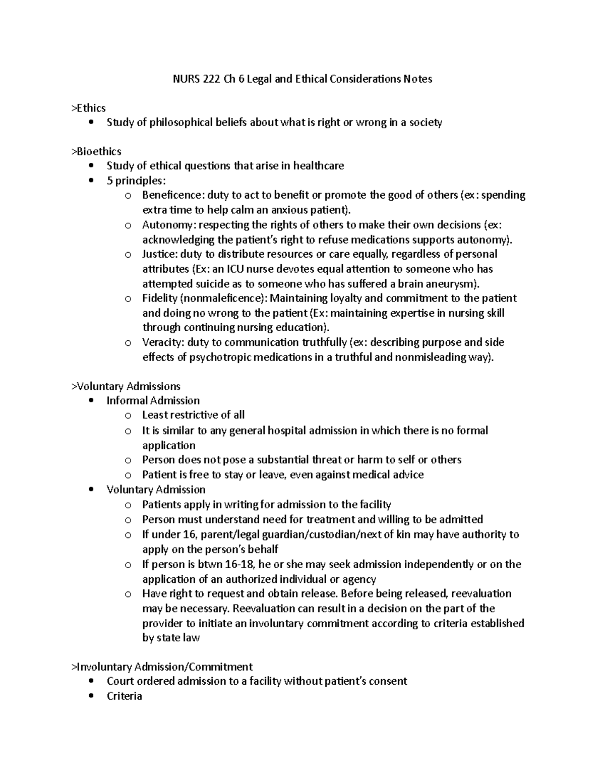 NURS 222 Ch 6 Legal and Ethical Considerations Notes - NURS 222 Ch 6 ...