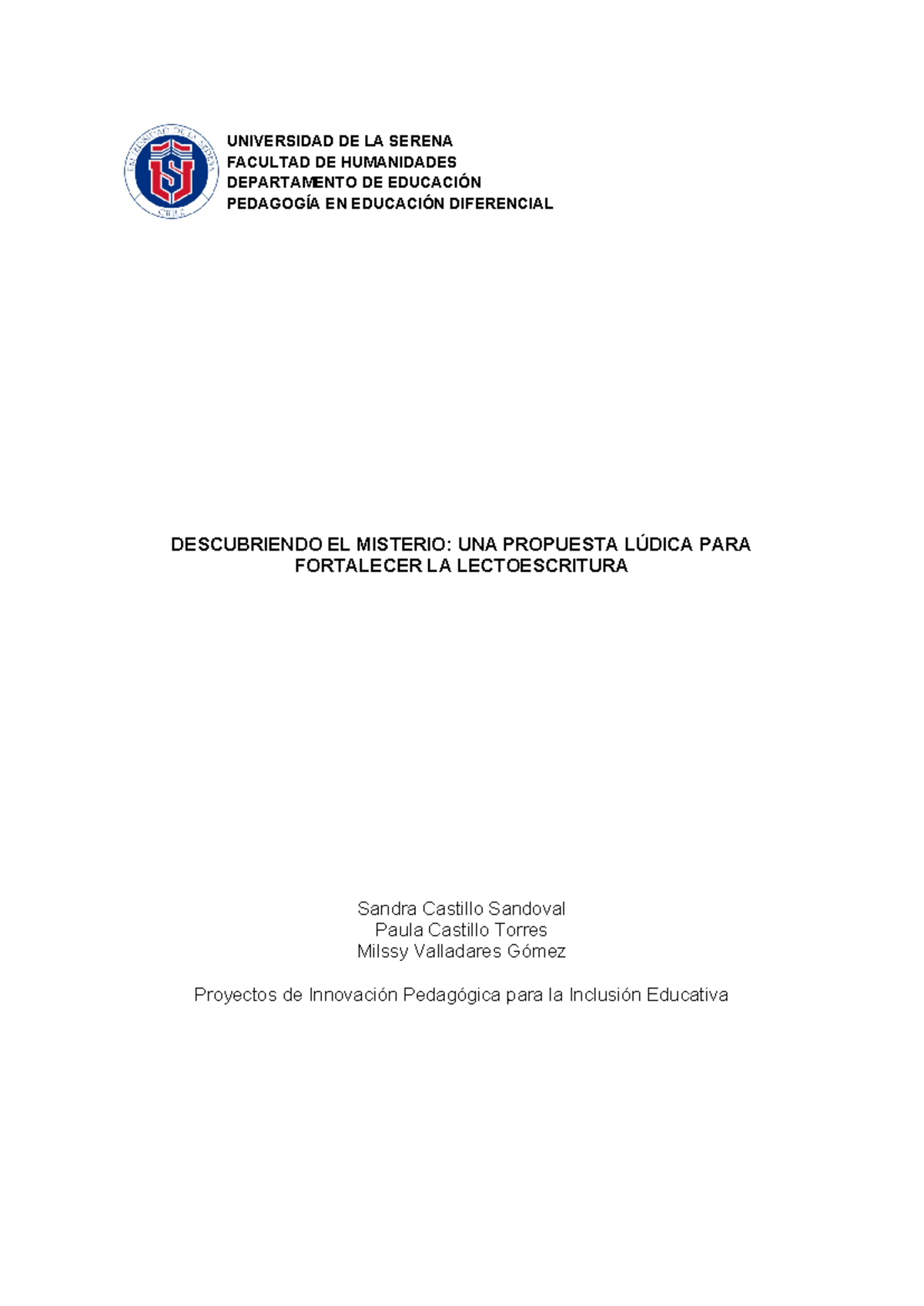 Proyecto de innovación pedagógica - UNIVERSIDAD DE LA SERENA FACULTAD ...