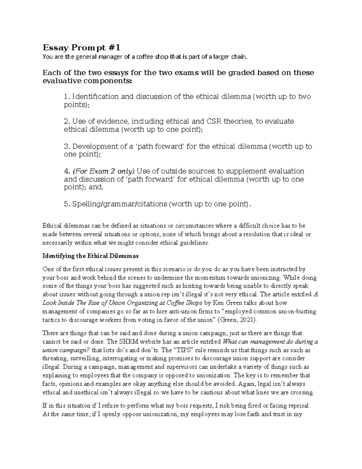 Exam2 - Essay Prompt #1 - Essay Prompt You are the general manager of a ...