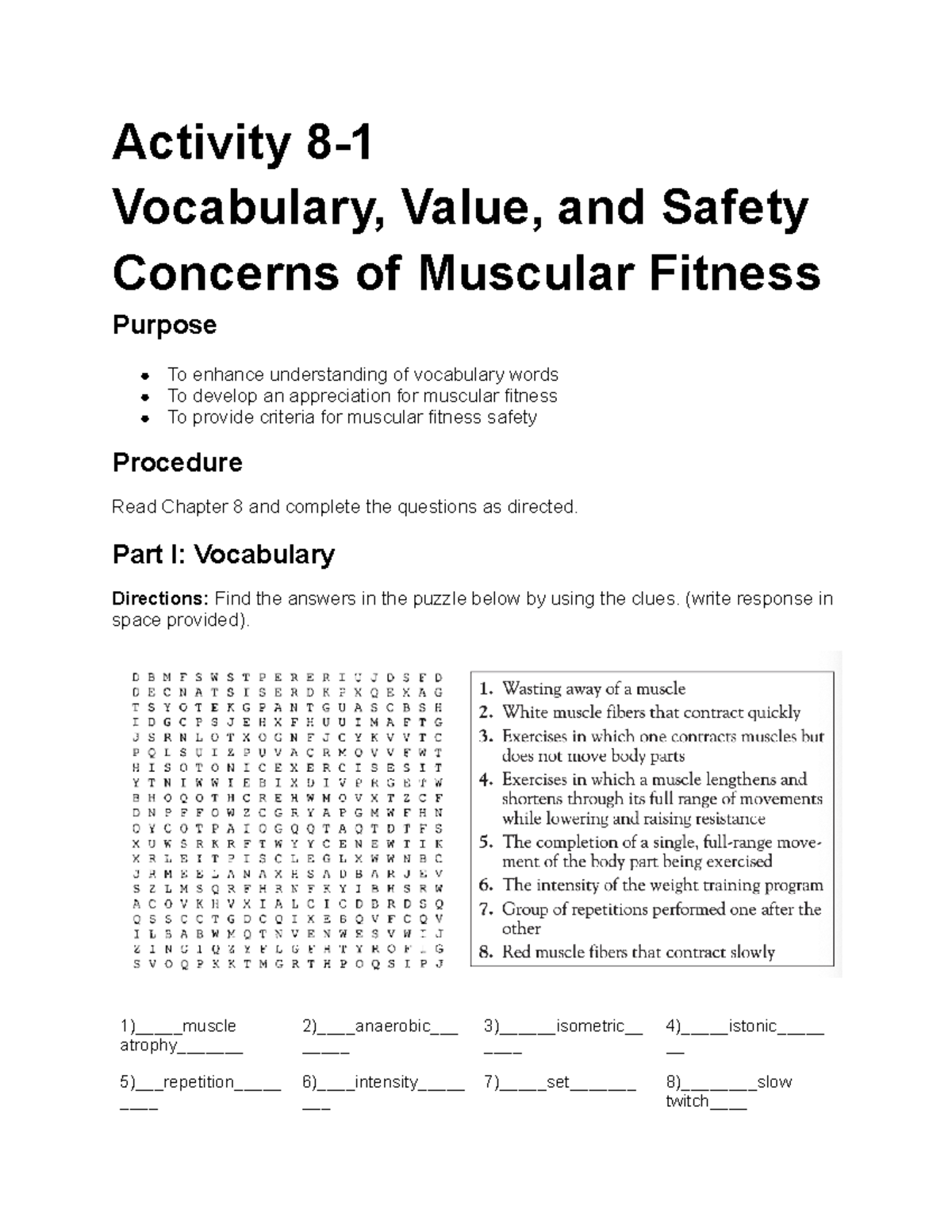 Muscular Fitness Vocabulary Value and Safety Concerns - Studocu