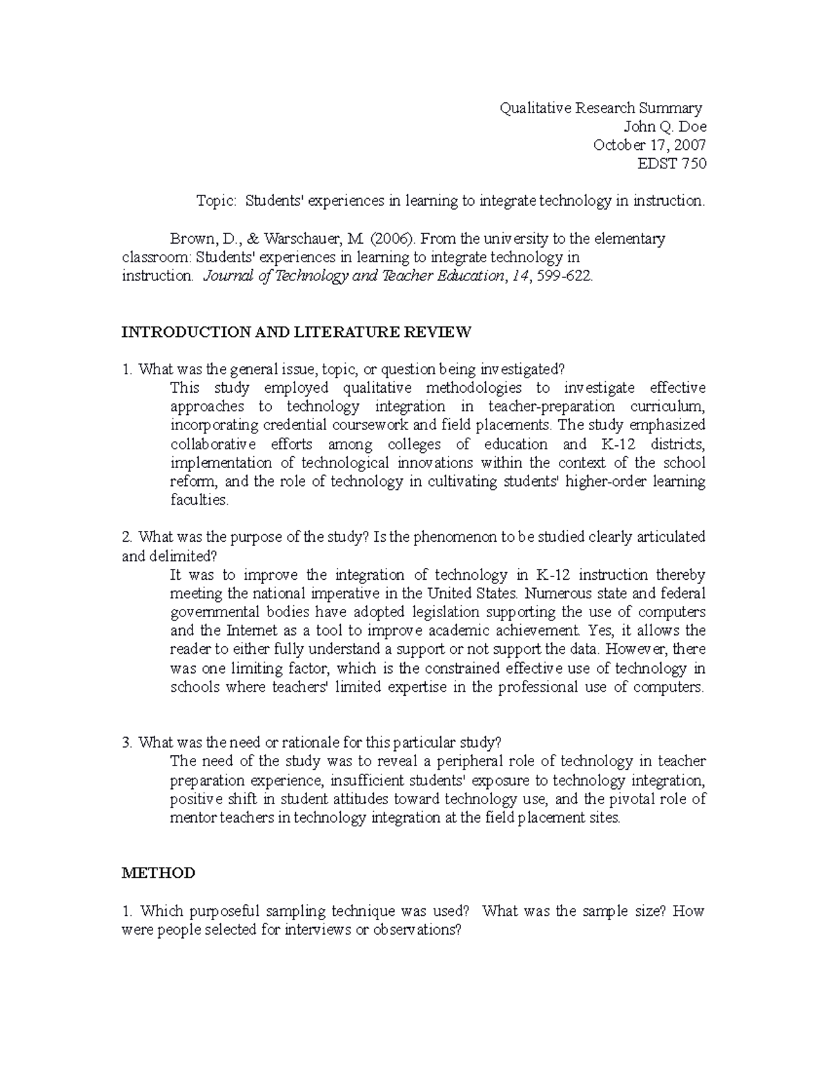 1 Qualitative example 1 - Qualitative Research Summary John Q. Doe ...