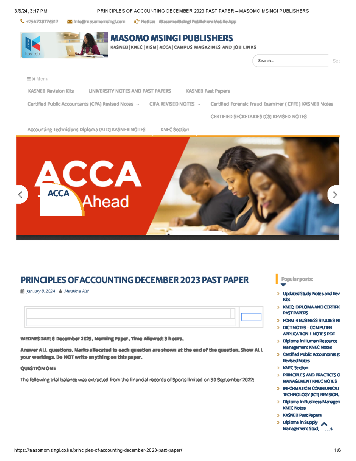 Principles OF Accounting December 2023 PAST Paper – Masomo Msingi ...