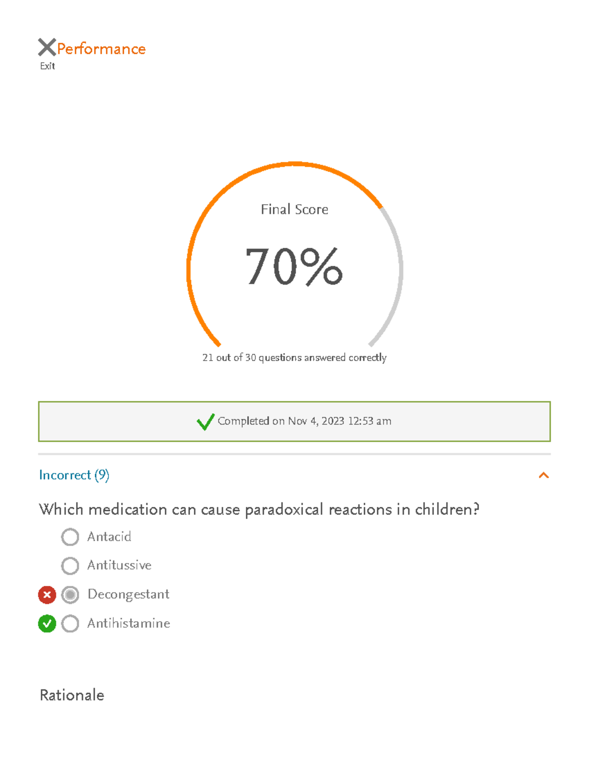 Elsevier Adaptive Quizzing - Quiz performance 36 - ####### Exit Performance Final Score 70% ...
