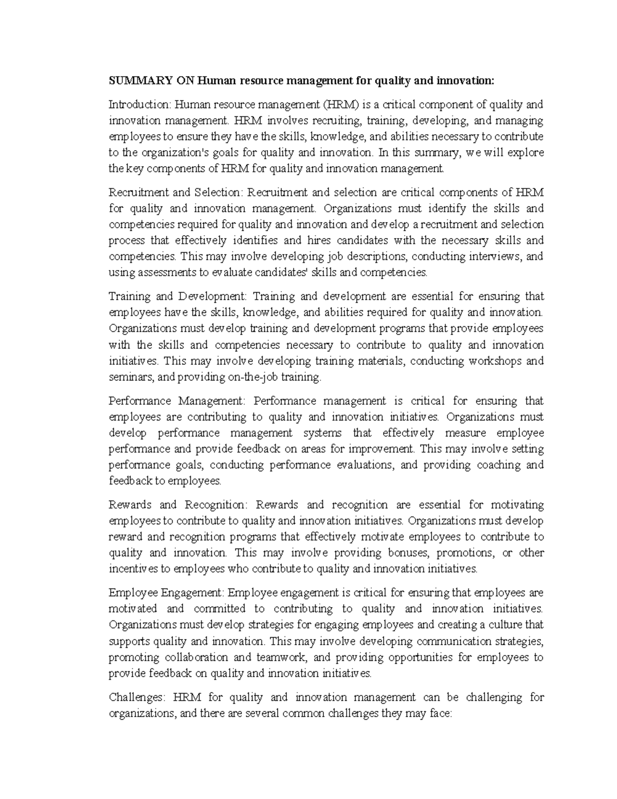 Summary on Human resource management for quality and innovation ...