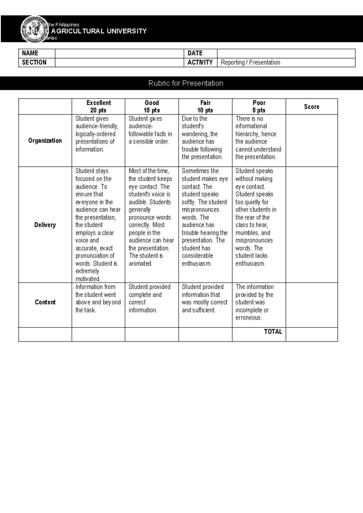 Rubric-for-presentation - Republic of the Philippines TARLAC ...
