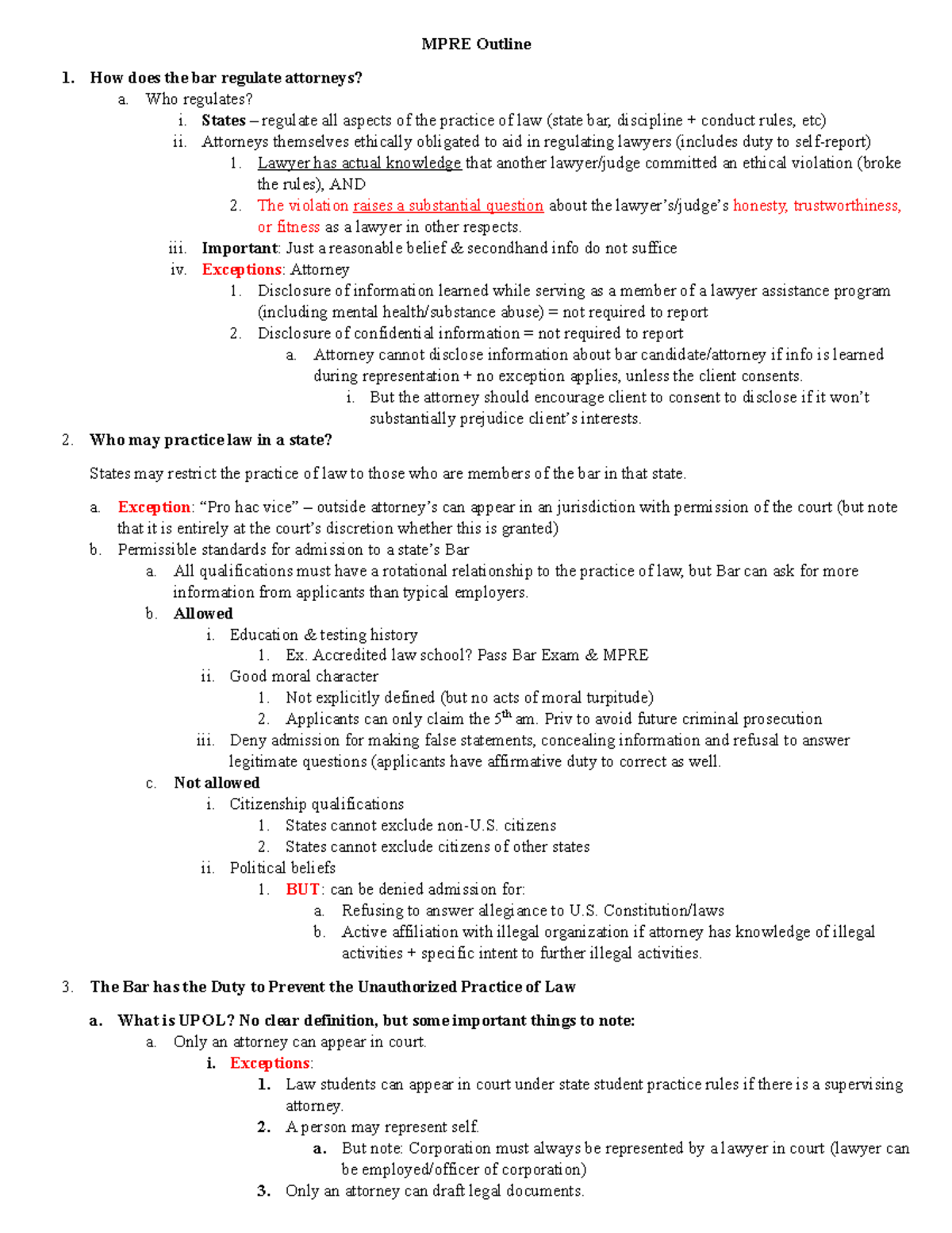MPRE Outline - How does the bar regulate attorneys? a. Who regulates? i ...