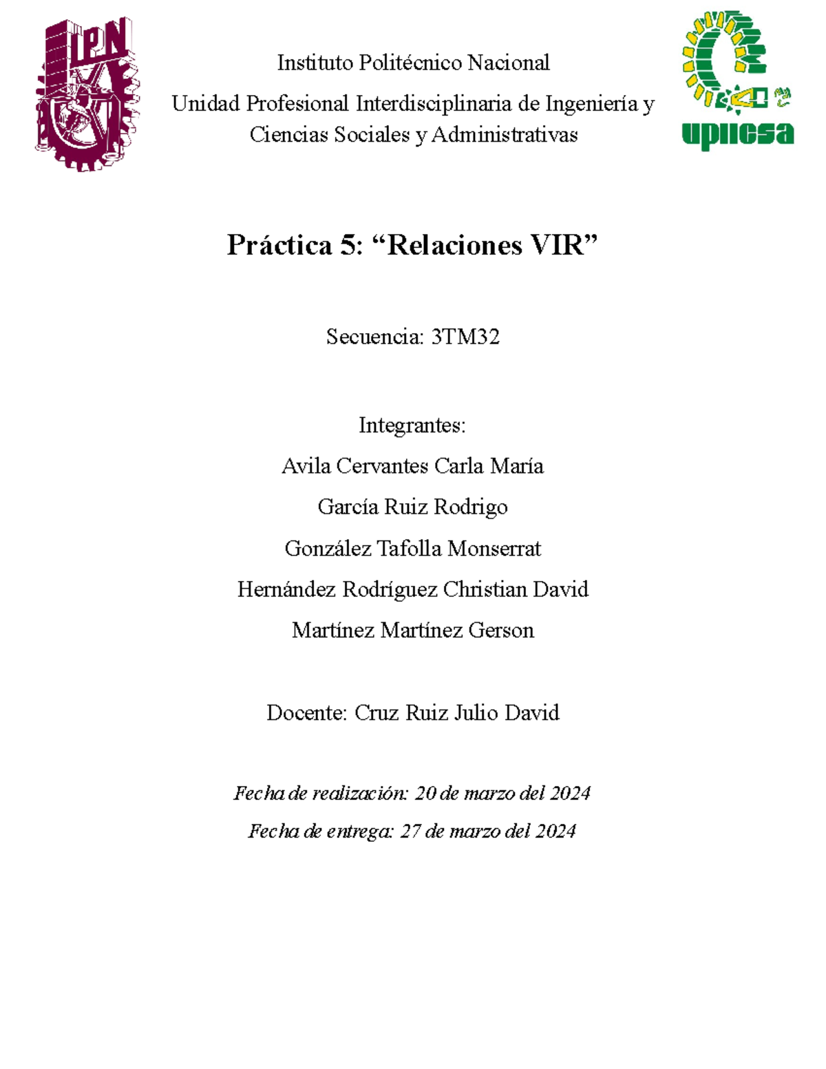 Reporte 5 - Instituto Politécnico Nacional Unidad Profesional ...