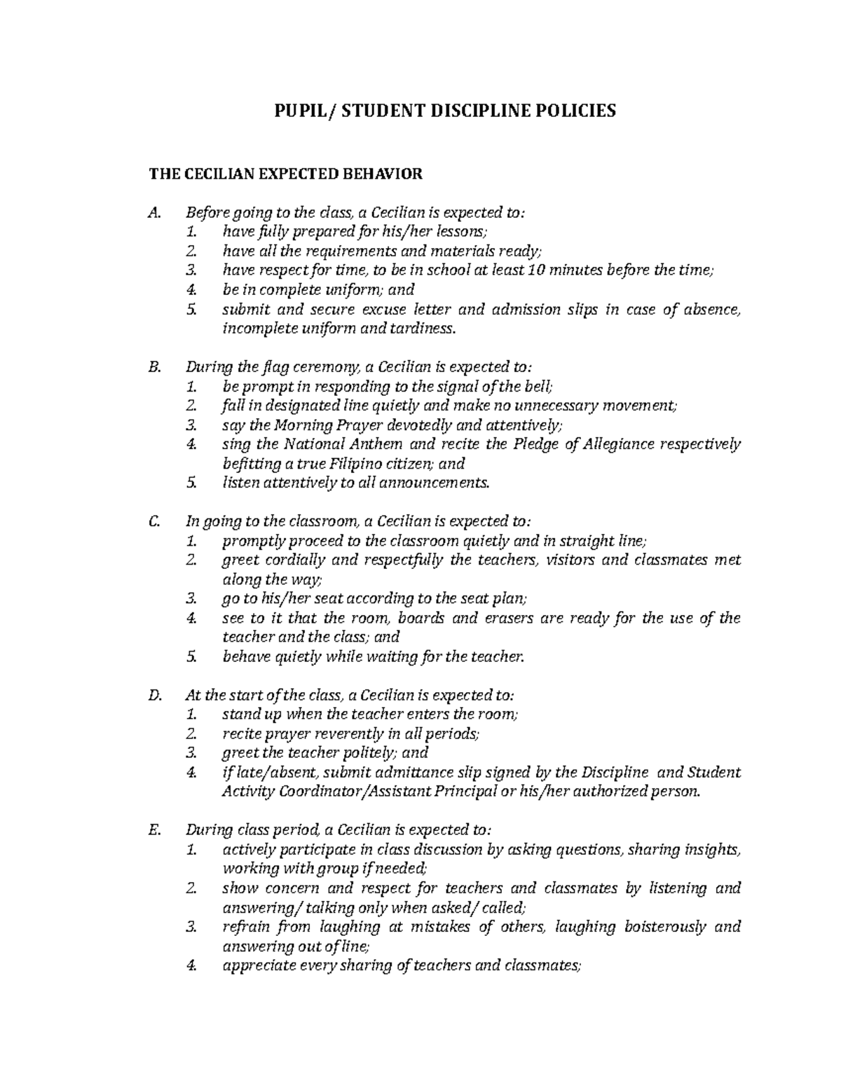 Pupil- Student Discipline Policies - PUPIL/ STUDENT DISCIPLINE POLICIES ...