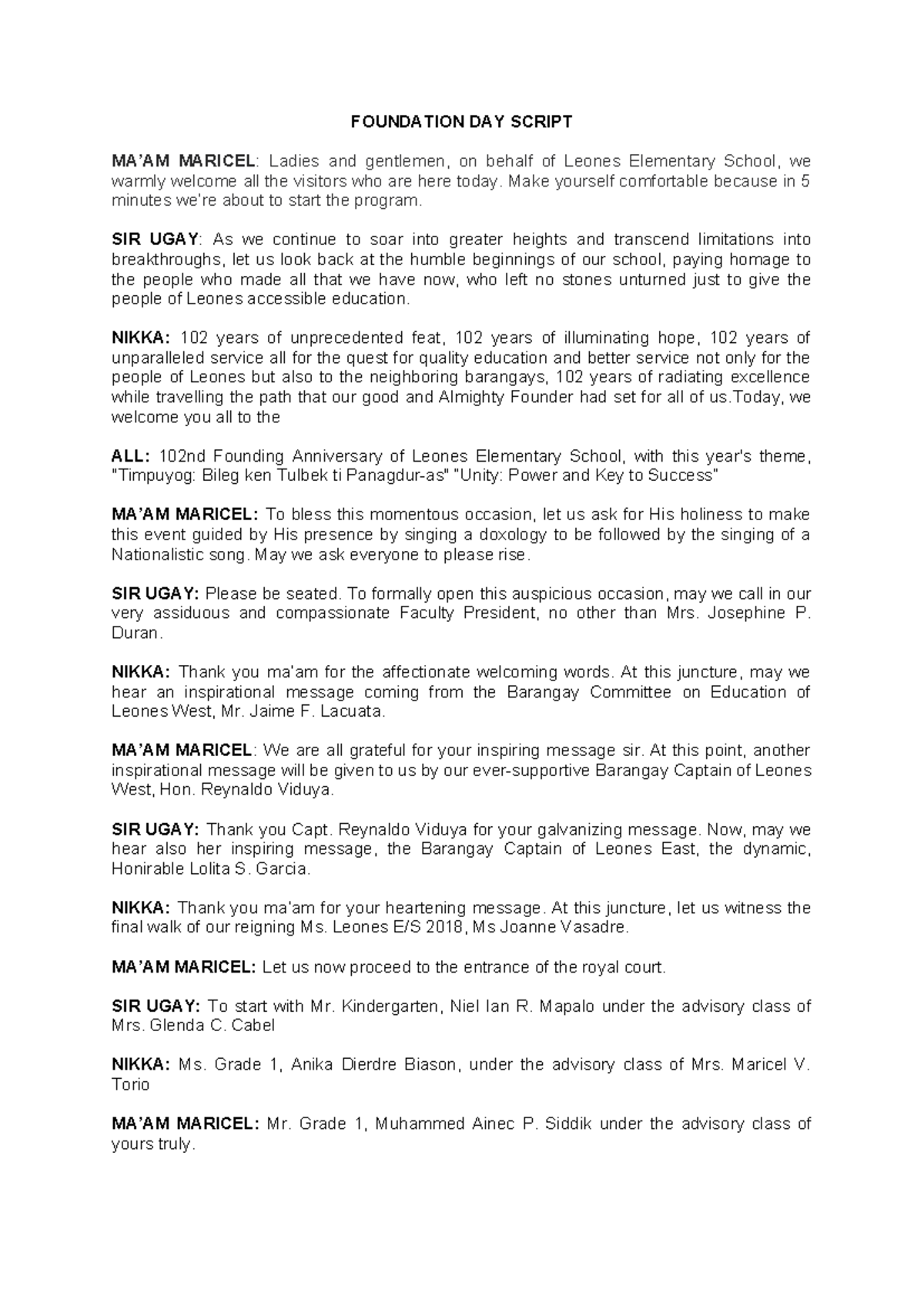 Foundation Day Script - FOUNDATION DAY SCRIPT MA’AM MARICEL: Ladies and ...