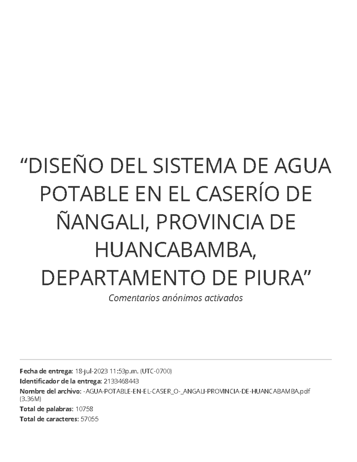 Diseño DEL Sistema DE AGUA Potable EN EL Caserío DE Ñangali, Provincia ...