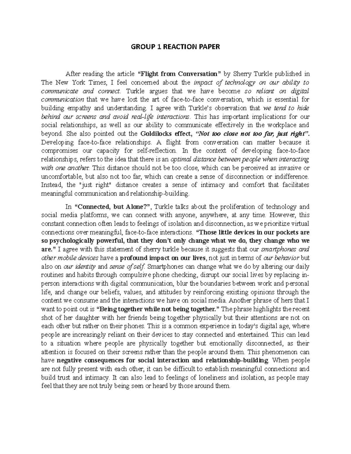 Reaction Paper - eefefef - GROUP 1 REACTION PAPER After reading the ...