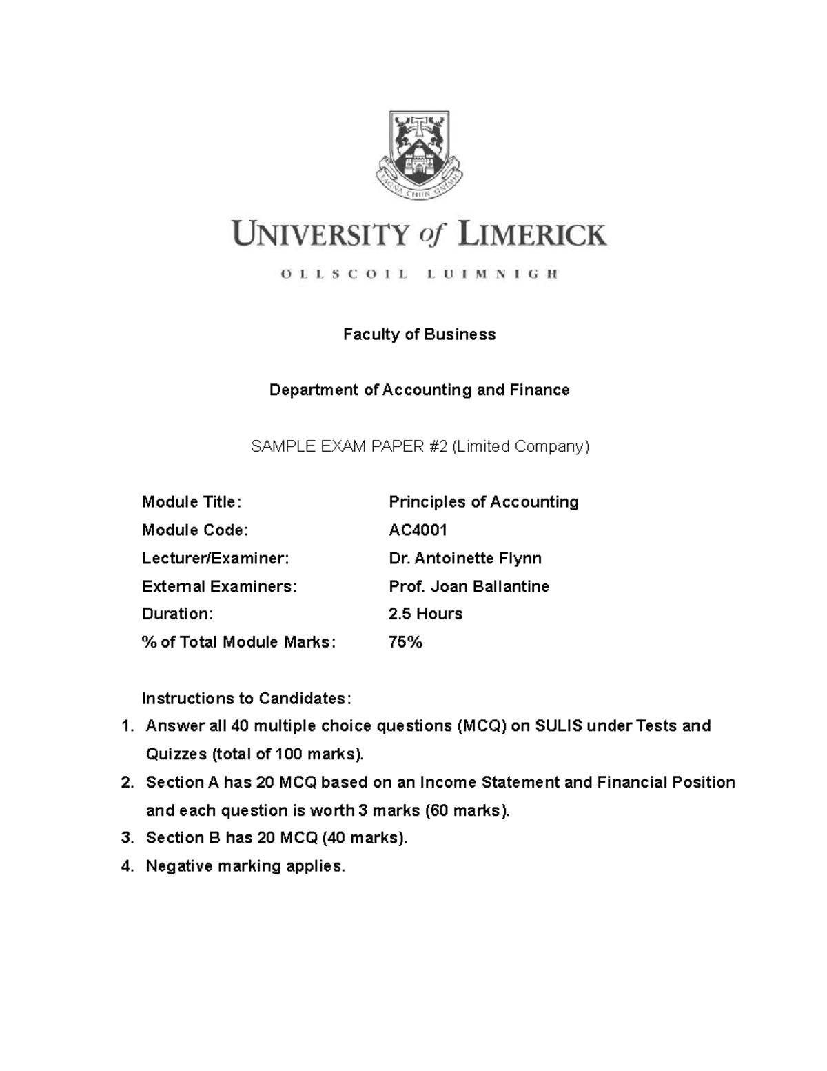 AC4001 Sample exam Trial Balance Blue Ltd - Faculty of Business ...