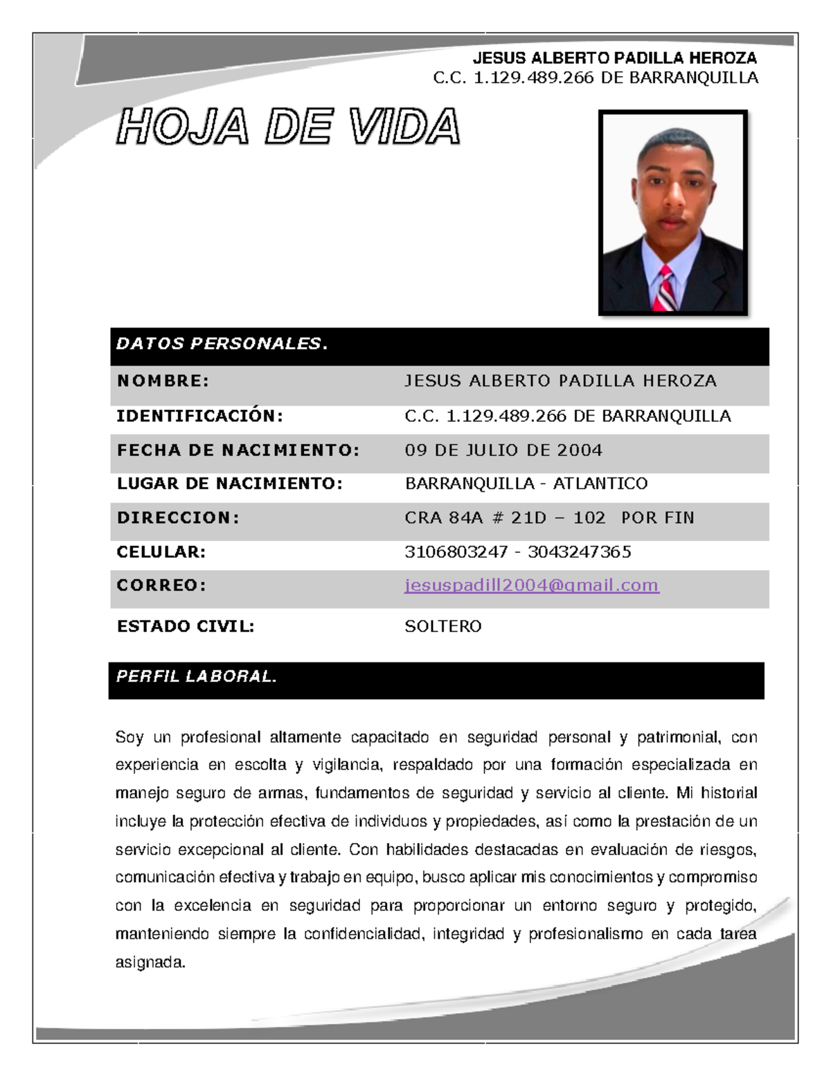 HOJA DE VIDA Jesus Alberto Padilla Heroza 2024 - C. 1. 489. 266 DE ...