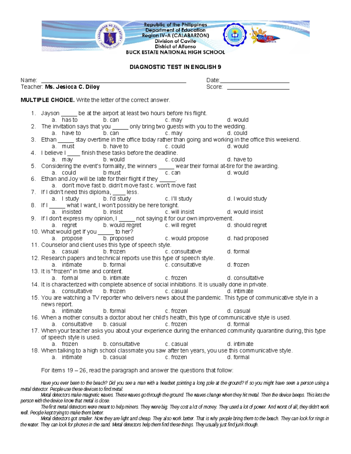 Diagnostic TEST IN English 9 Based ON MELC 2020-2021 - DIAGNOSTIC TEST ...