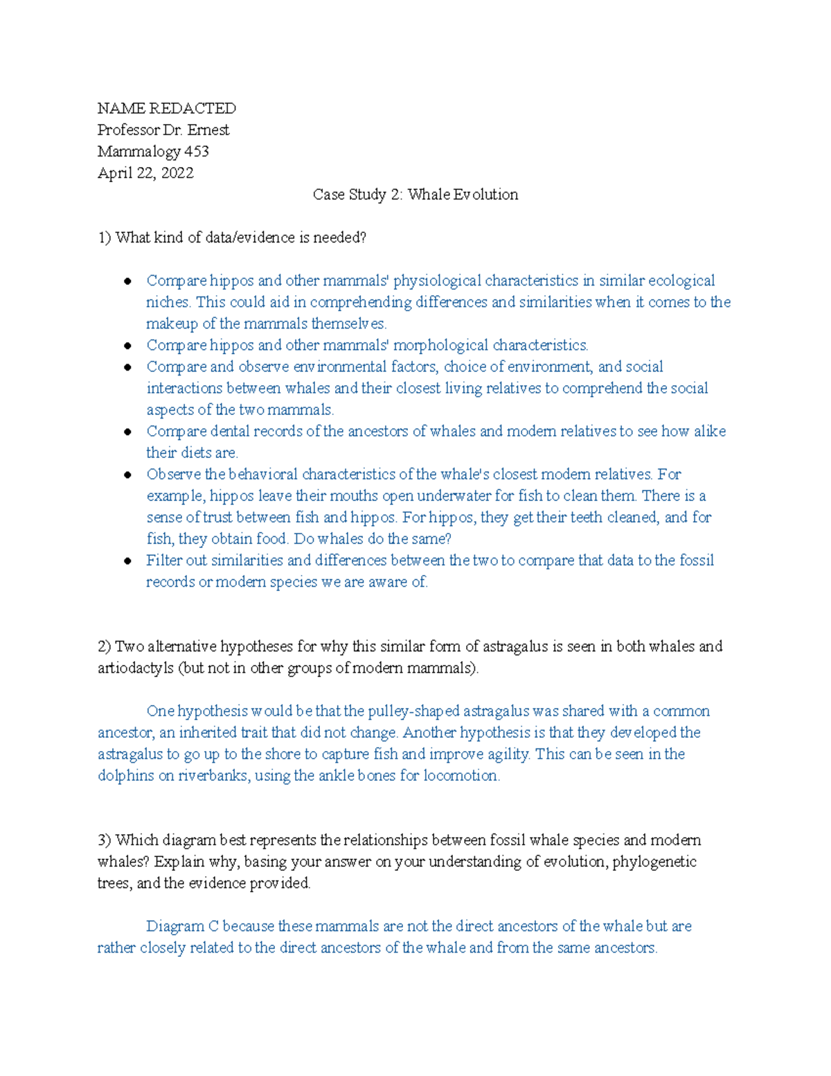 Case Study 2 Whale Evolution - NAME REDACTED Professor Dr. Ernest ...