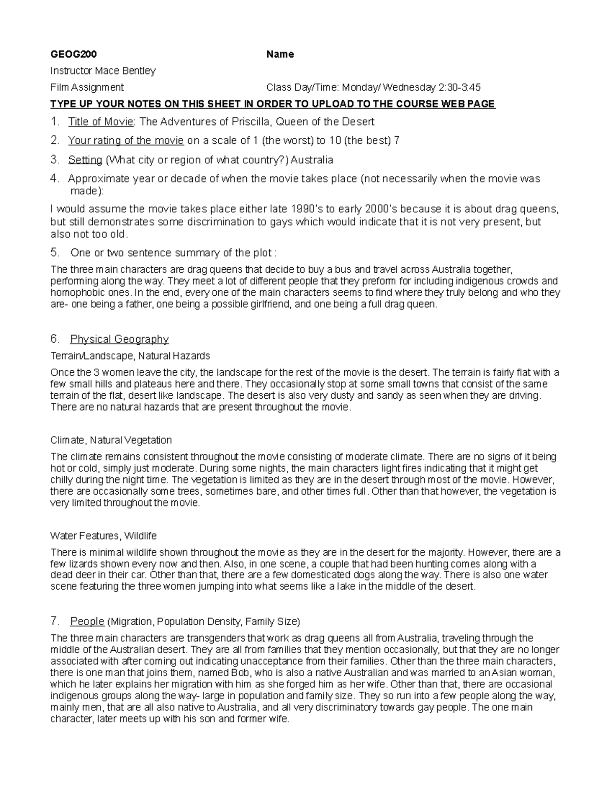 Geog200 film assignment - GEOG200 Name Instructor Mace Bentley Film ...