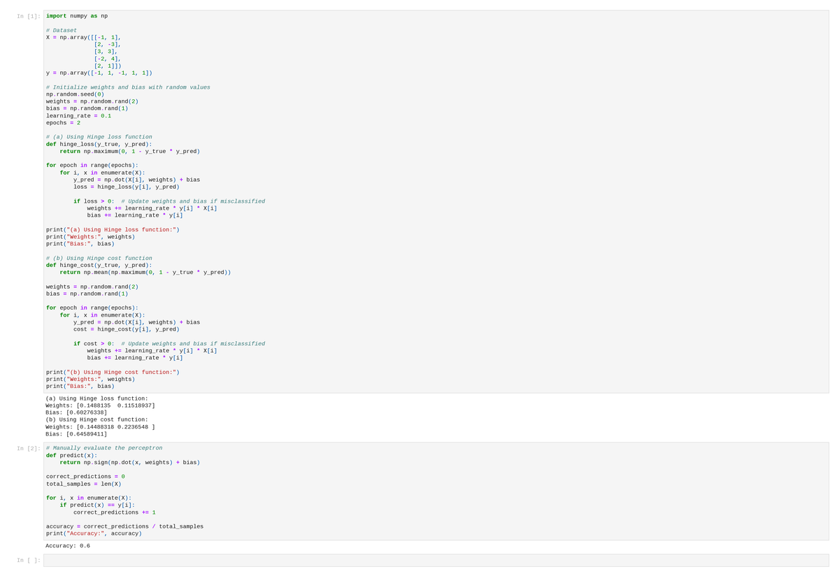 Training Perceptron - a trainifng code - (a) Using Hinge loss function: Weights: [0 0] Bias: [0 ...