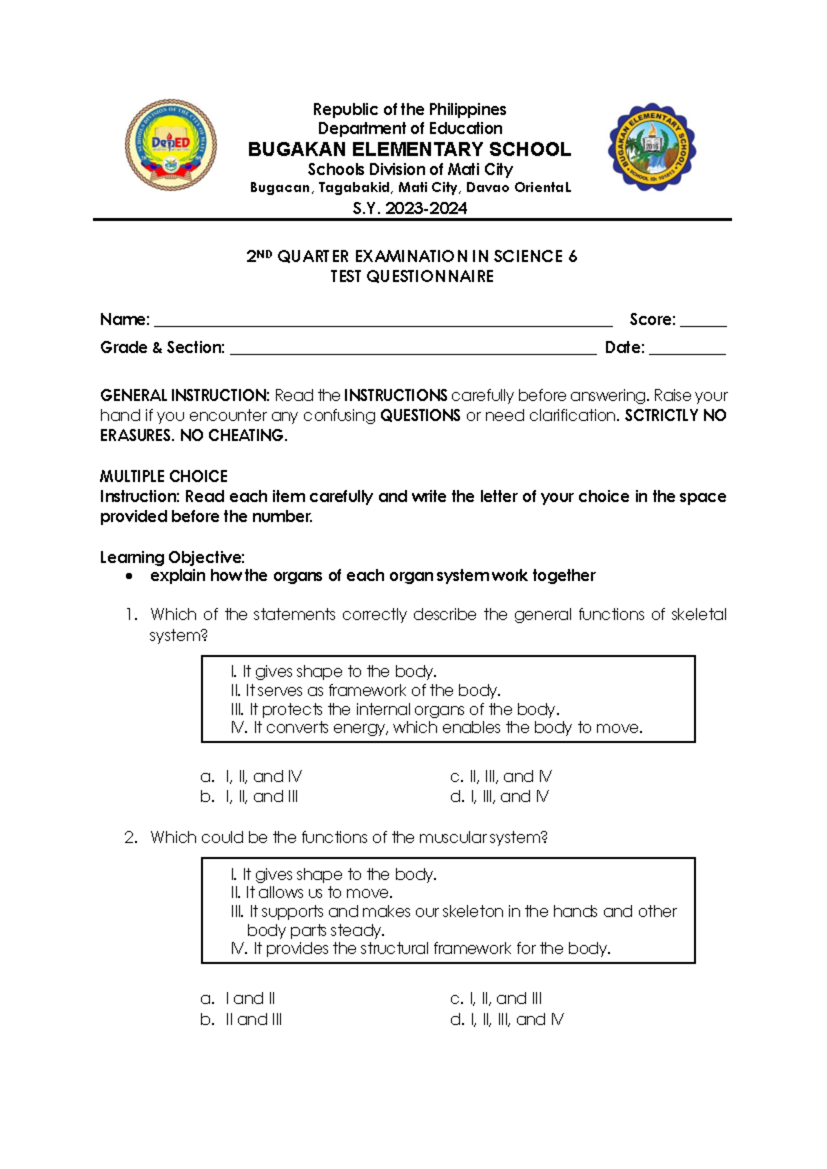 Science 6 TEST Questionaire Final - Republic of the Philippines ...