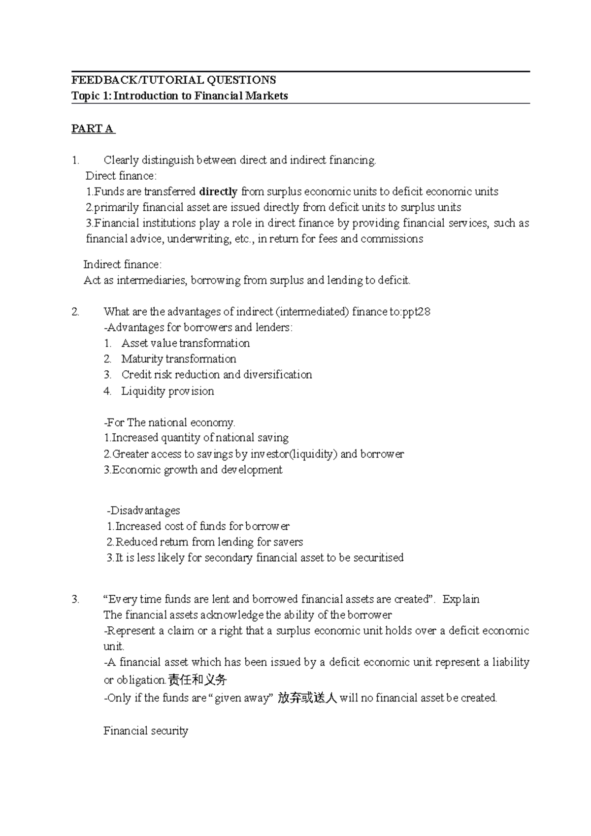Financial market Tutorial question Topic 1 - FEEDBACK/TUTORIAL QUESTIONS Topic 1:Introduction to ...