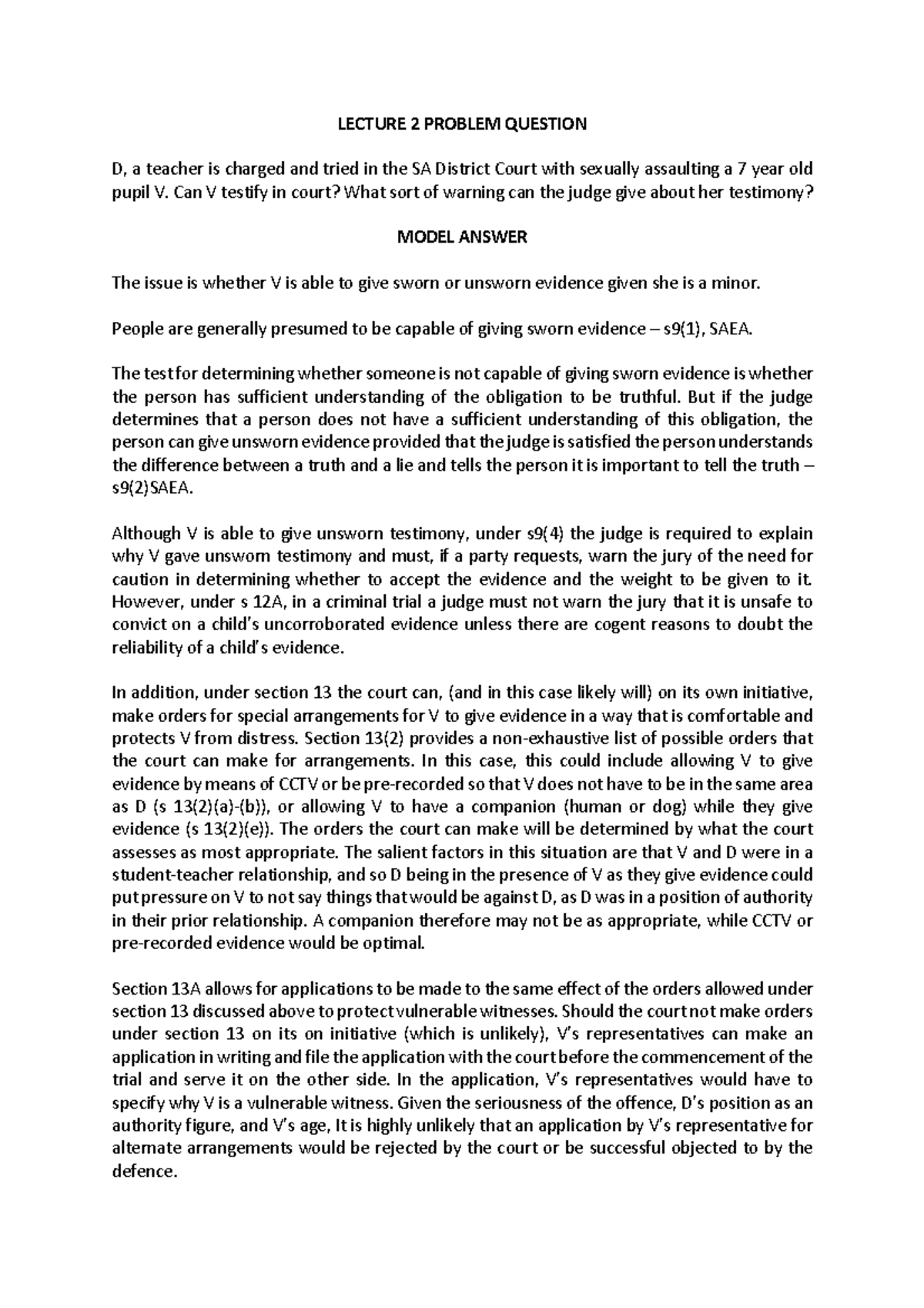 Lecture 2 Problem Question - Model Answer - LECTURE 2 PROBLEM QUESTION D, a teacher is charged ...