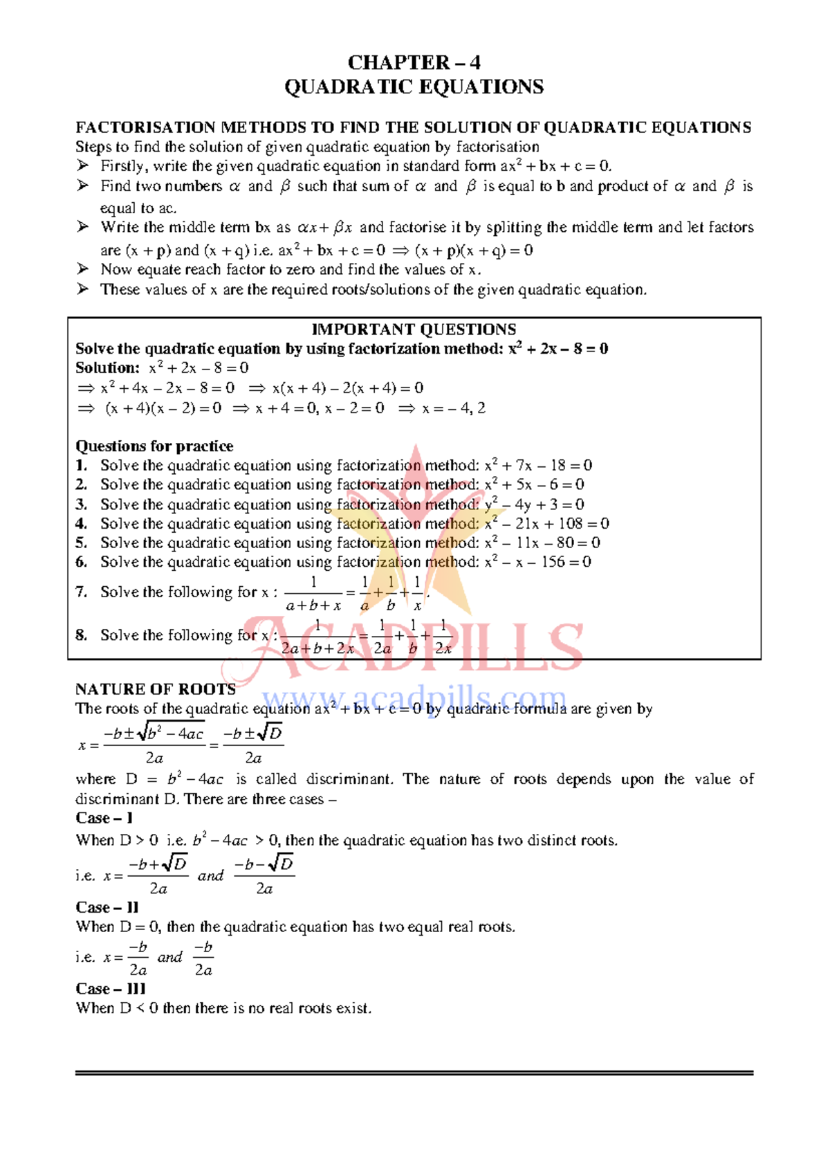 Quadratic equations Most important questions - CHAPTER – 4 QUADRATIC EQUATIONS FACTORISATION ...